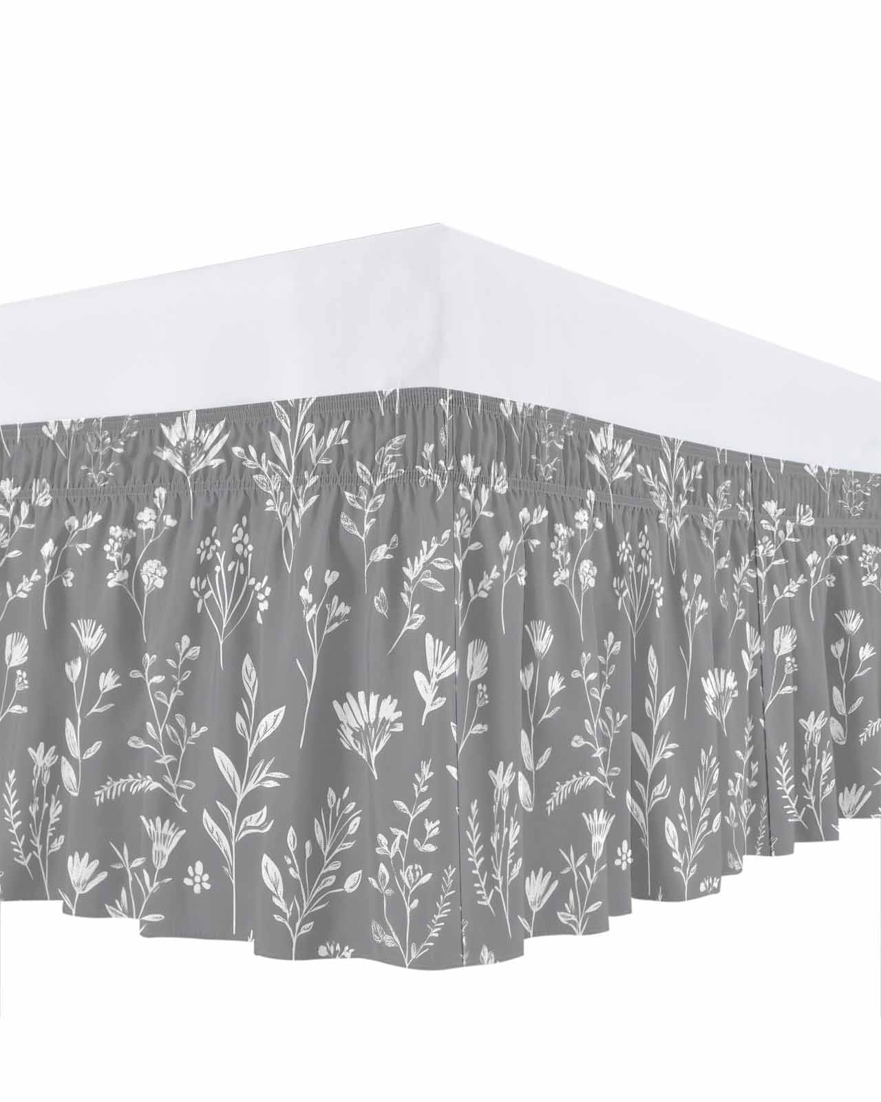Gray Sage Leaves Bed Skirt King Size 16" Drop Boho Floral Leaf Ruffled ...