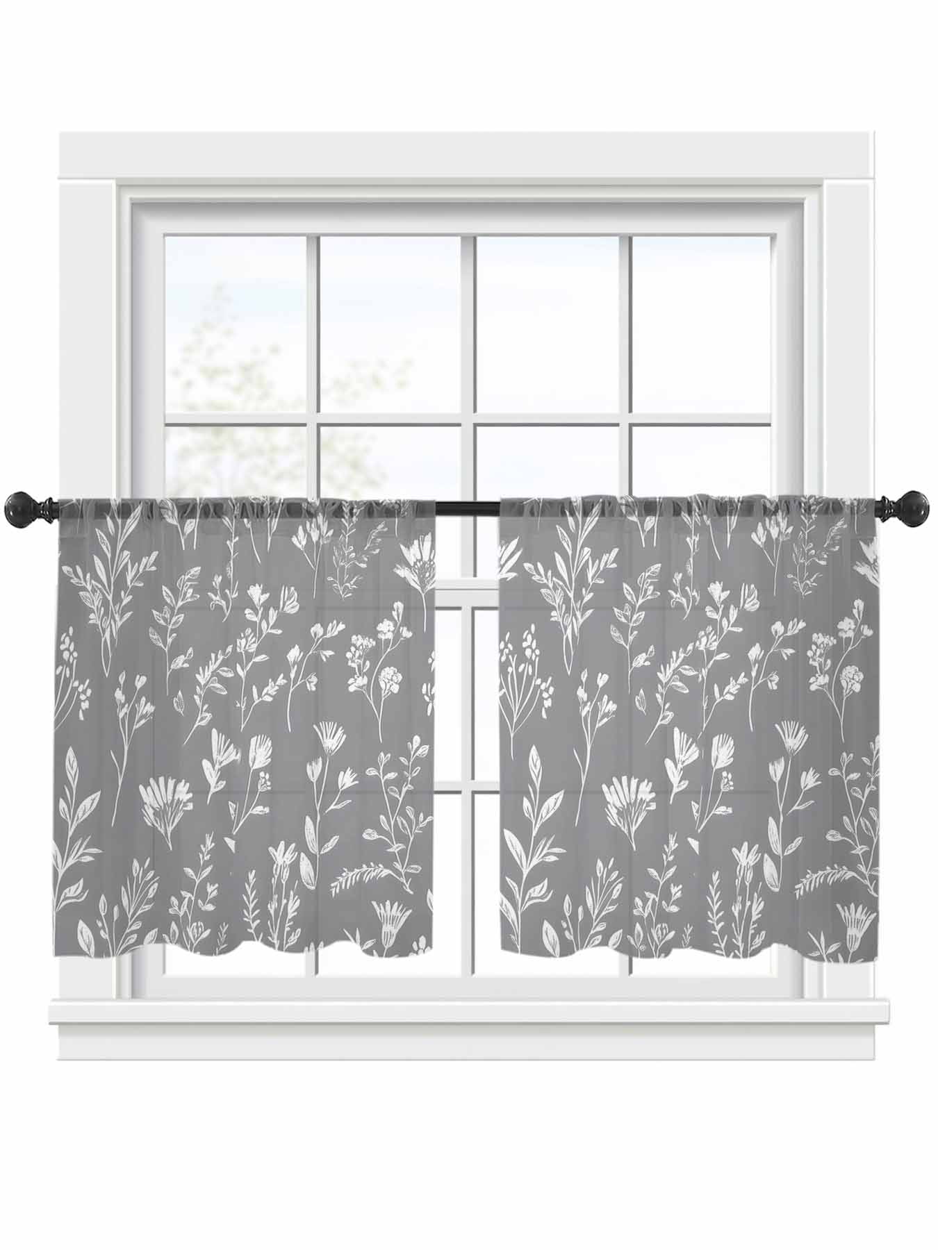 Gray Sage Leaves Sheer Curtains 54 Inch Long 2 Panels, Boho Floral Leaf ...