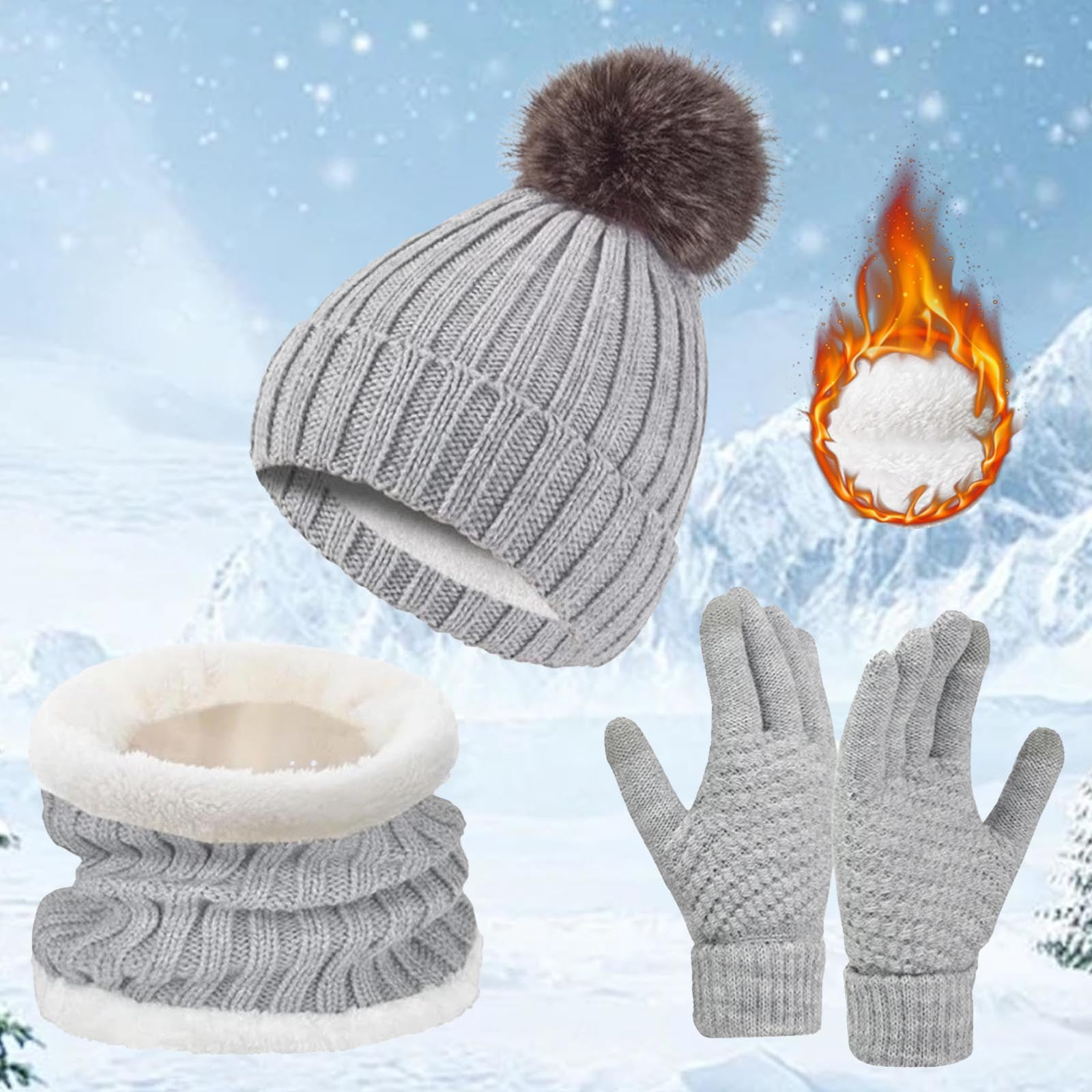 Gray Scarf Hat Gloves for Women Men 3 Pcs Winter Hat Scarf and Gloves ...