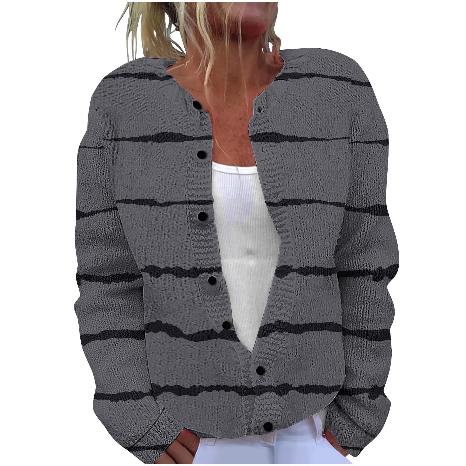 Gray Shacket for Women Winter Fall Graphic Lounge Crochet Striped Knit ...