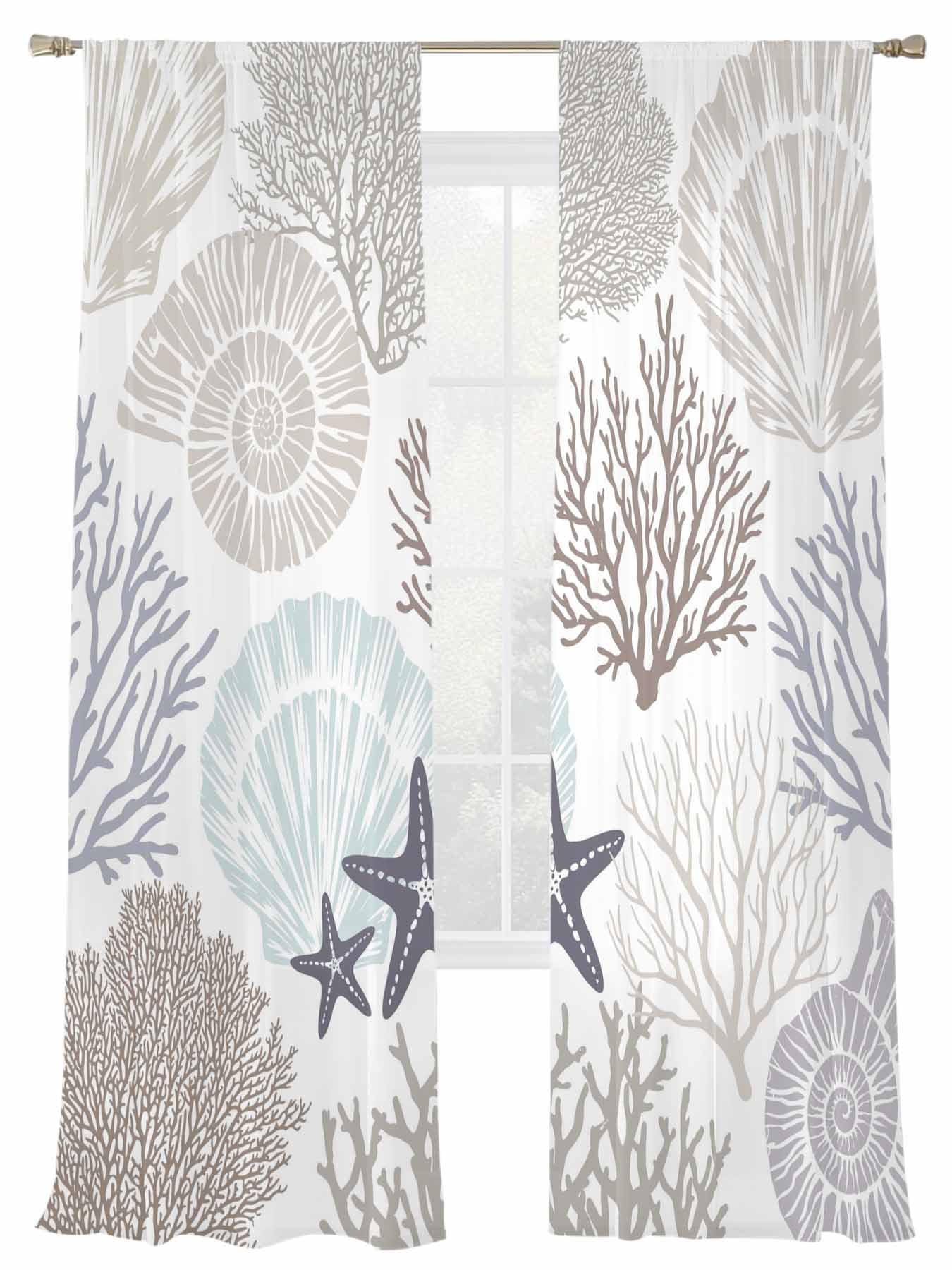 Gray Shell Coral Sheer Curtains 96 Inch Length 2 Panels Set, Semi ...