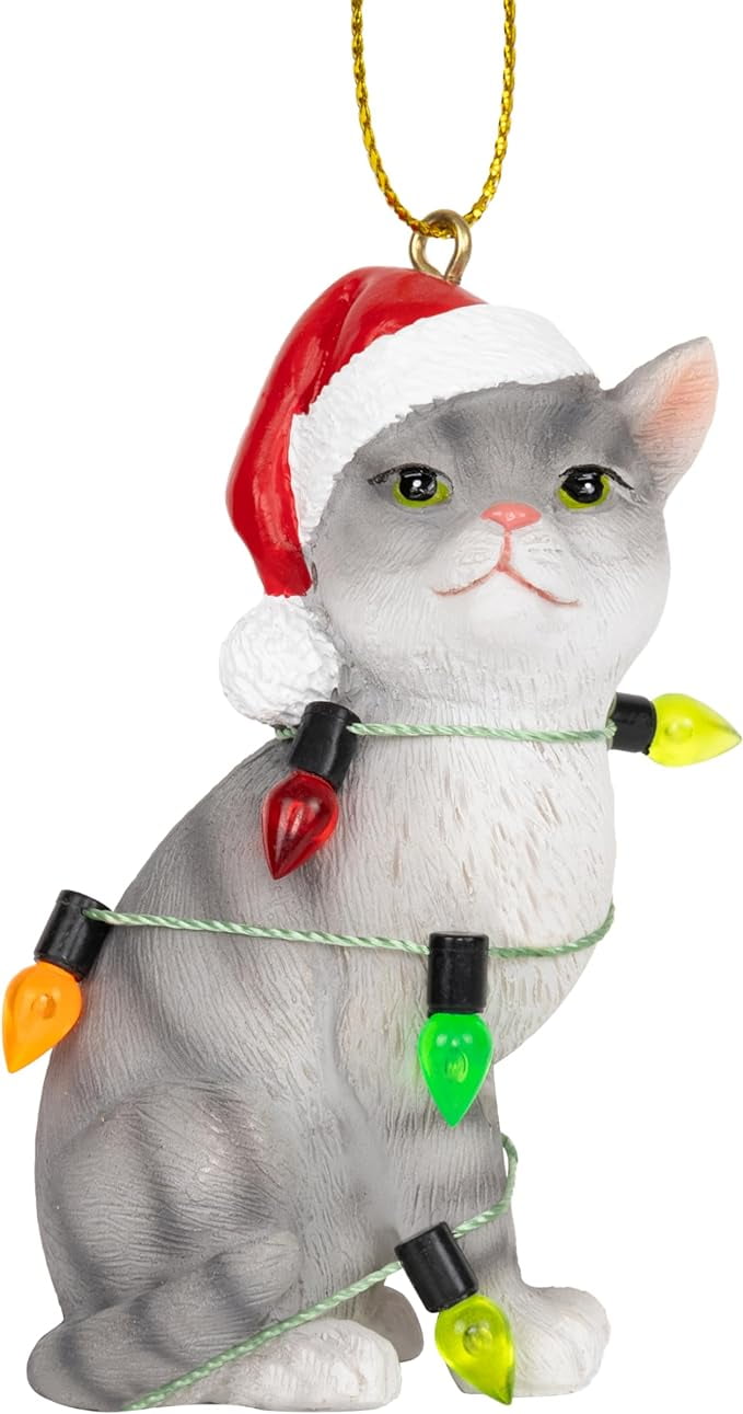 Gray Silver Tabby Cat Christmas Tree Ornament with Santa Hat Wrapped in ...