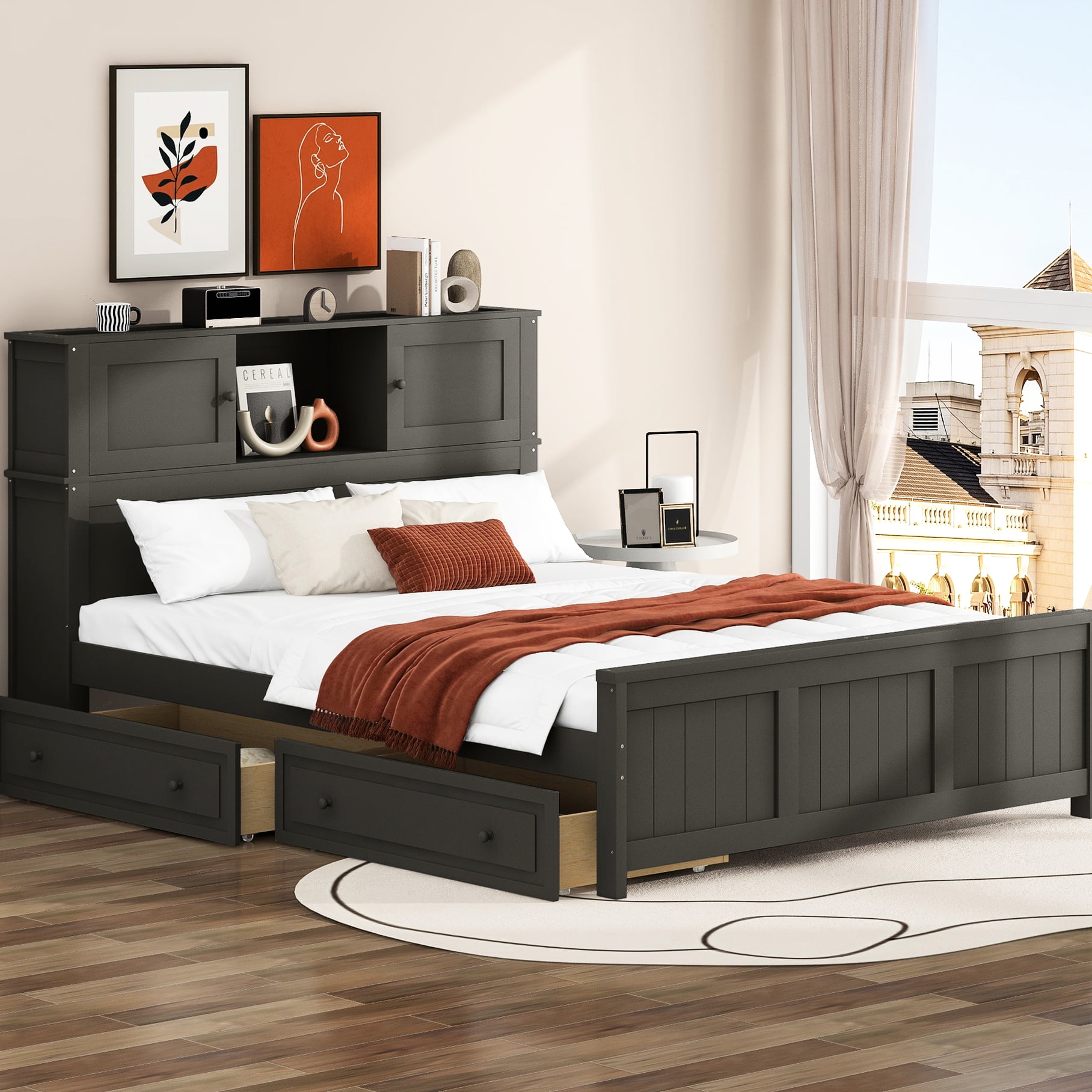 Gray Size Platform Bed With Headboard Storage And Sliding Option ...