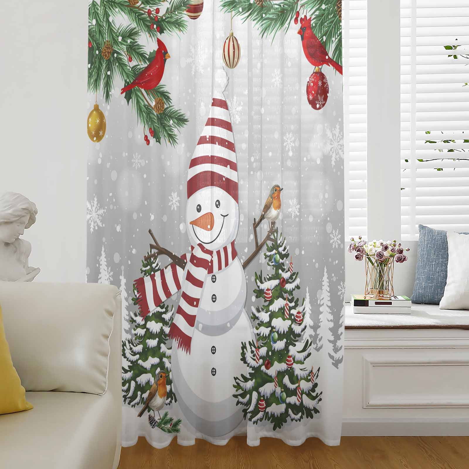 Gray Snowman Christmas Semi Sheer Curtains Drapes for Living Room ...