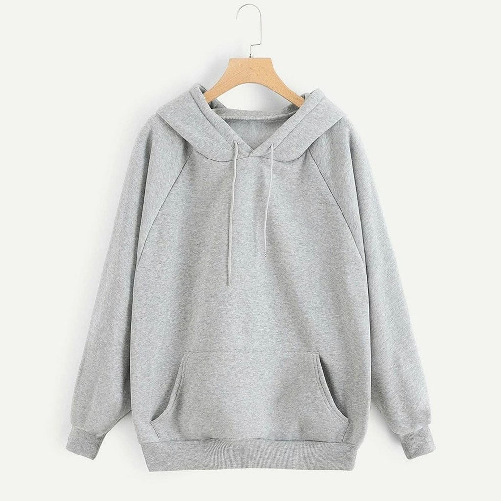 Gray Solid Color Hoodies, Polyester Women's Pullover Outwear Hoodies ...