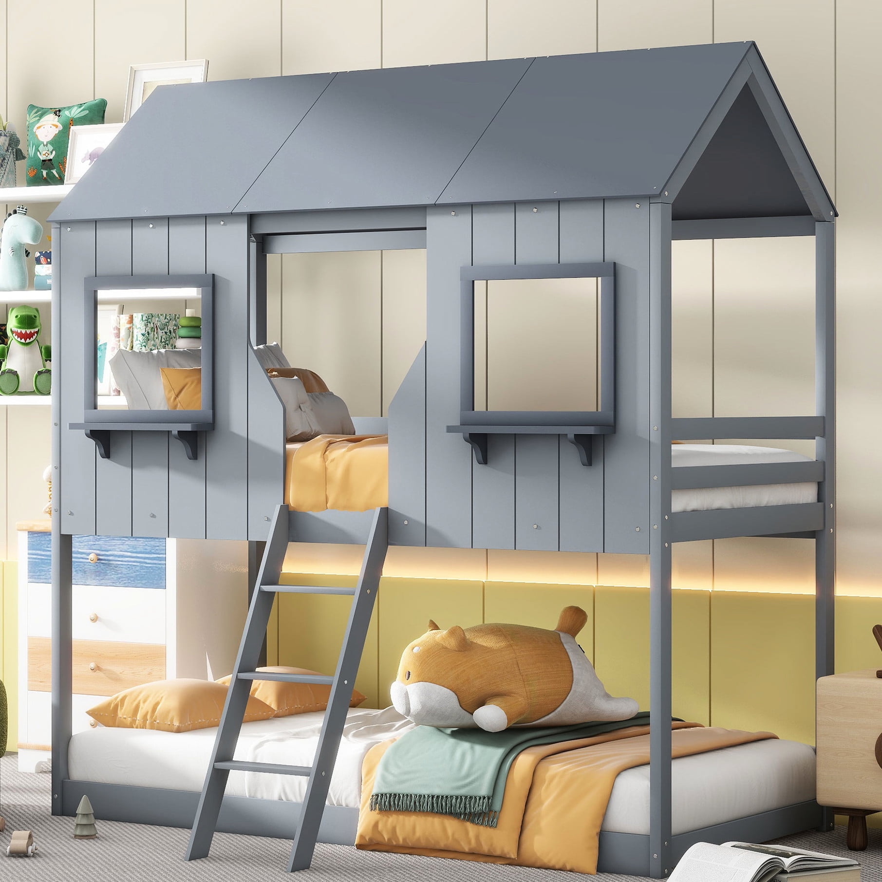 Gray Solid Pine Twin Bunk Bed | Ensure Sturdy Structure, Double as Play ...