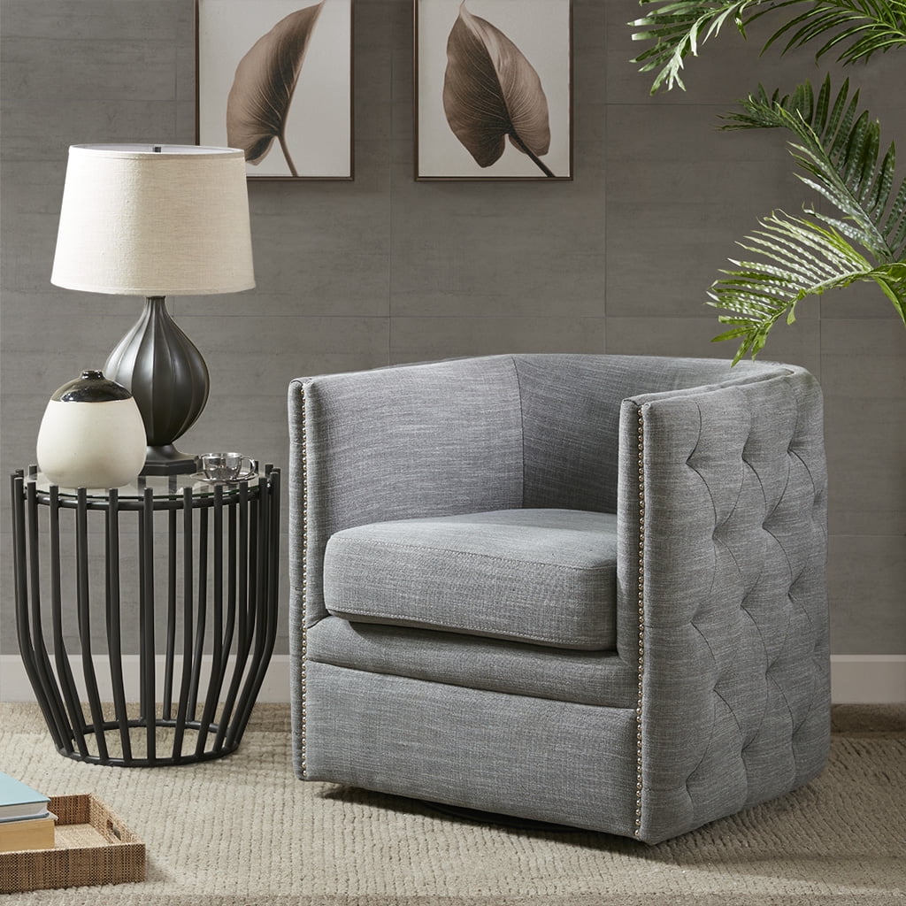 Gray Solid Wood Swivel Accent Chair for Living Room with Nailhead Trim ...