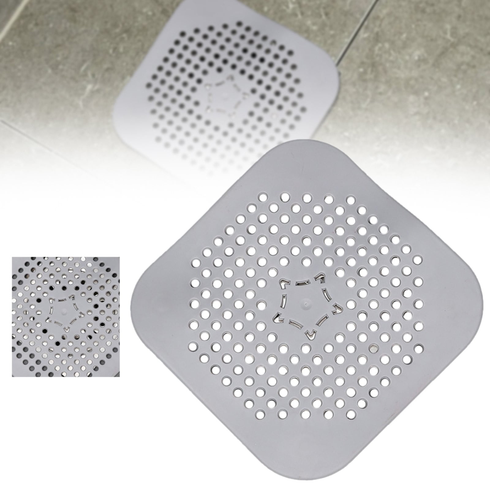Gray Square Shower Drain Cover Hair Catcher with Suction Cups Bathroom ...