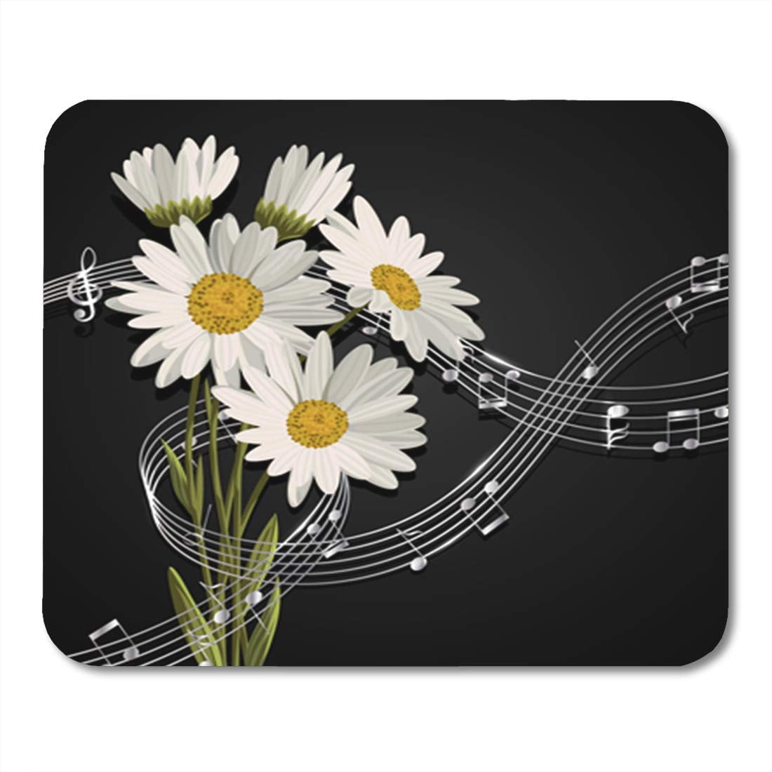 Gray Staff Music Notes and Daisy Flowers on Green Mousepad Mouse Pad ...