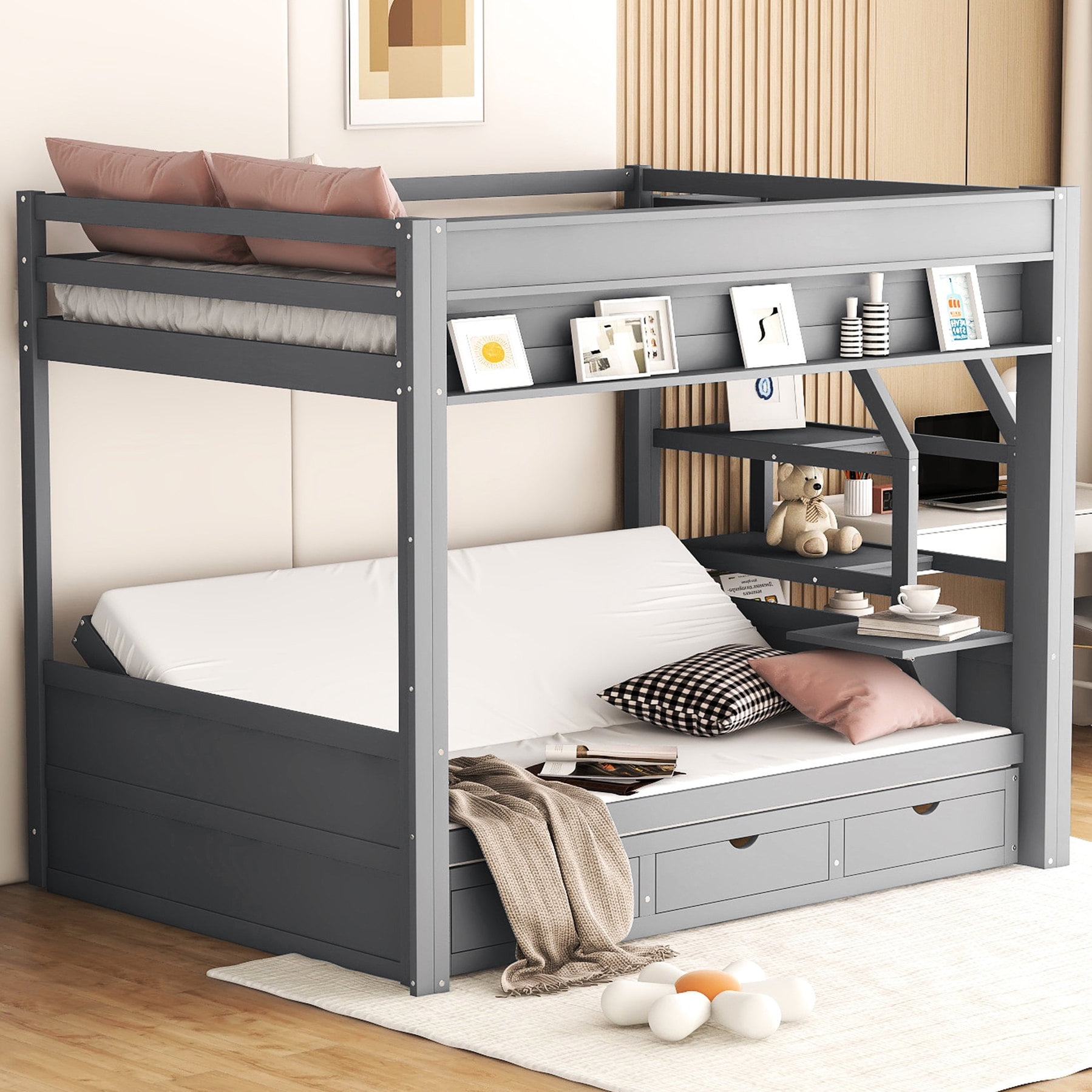 Gray - Staircase for Storage - Bedroom Style - Convertible Full Bunk ...
