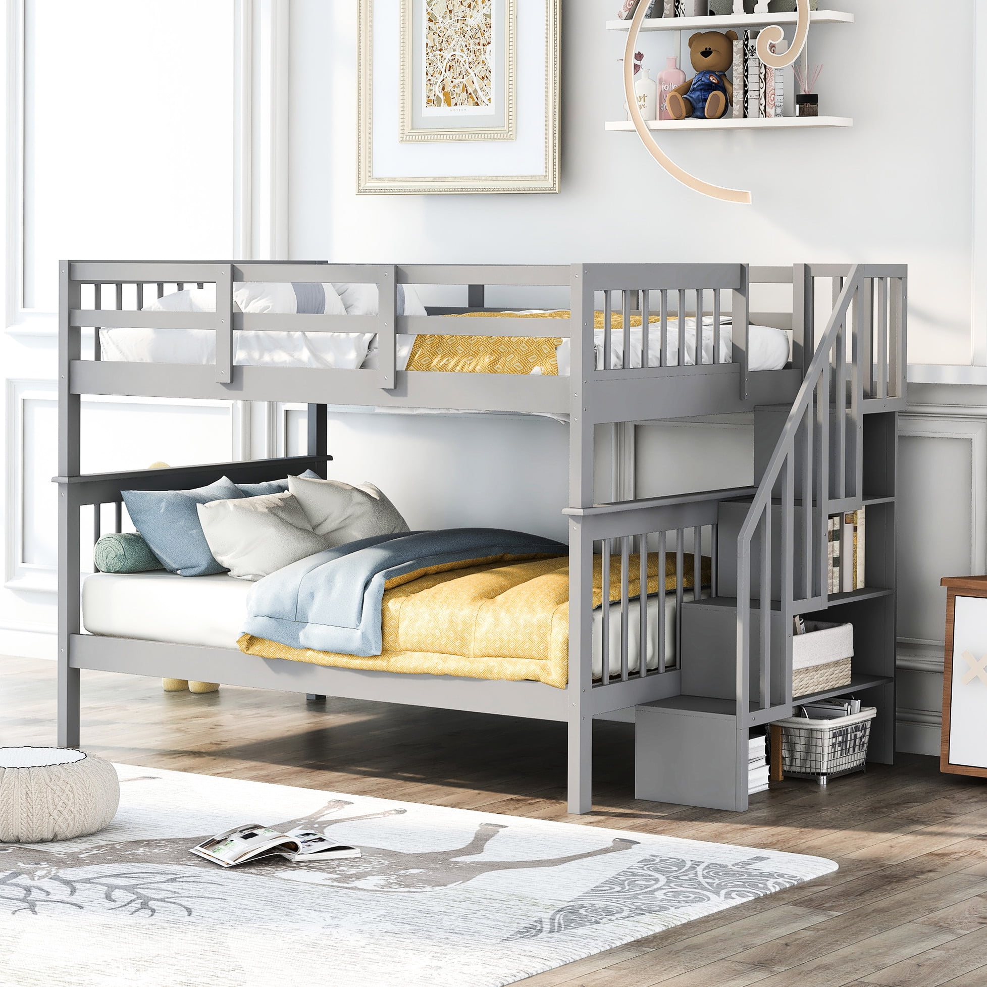 Gray Stairway Bunk Bed With Layout And Storage Space. Bedroom, Dorm ...