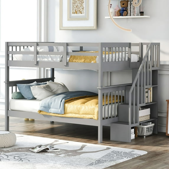 Gray Stairway Full-Over-Full Bunk Bed with Storage and Guard Rail ...