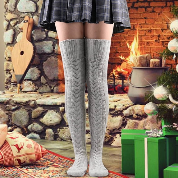 Gray Stockings Knit Leg Stocking Thigh Long Warmers Knee Cable Women ...