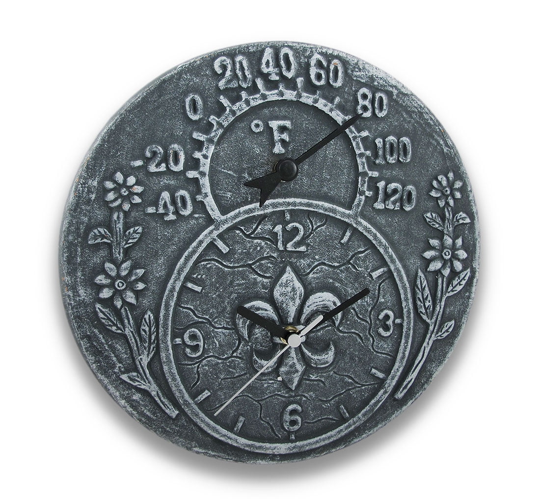 Gray Stone Finish Terracotta Fleur De Lis Clock/Thermometer - Walmart.com