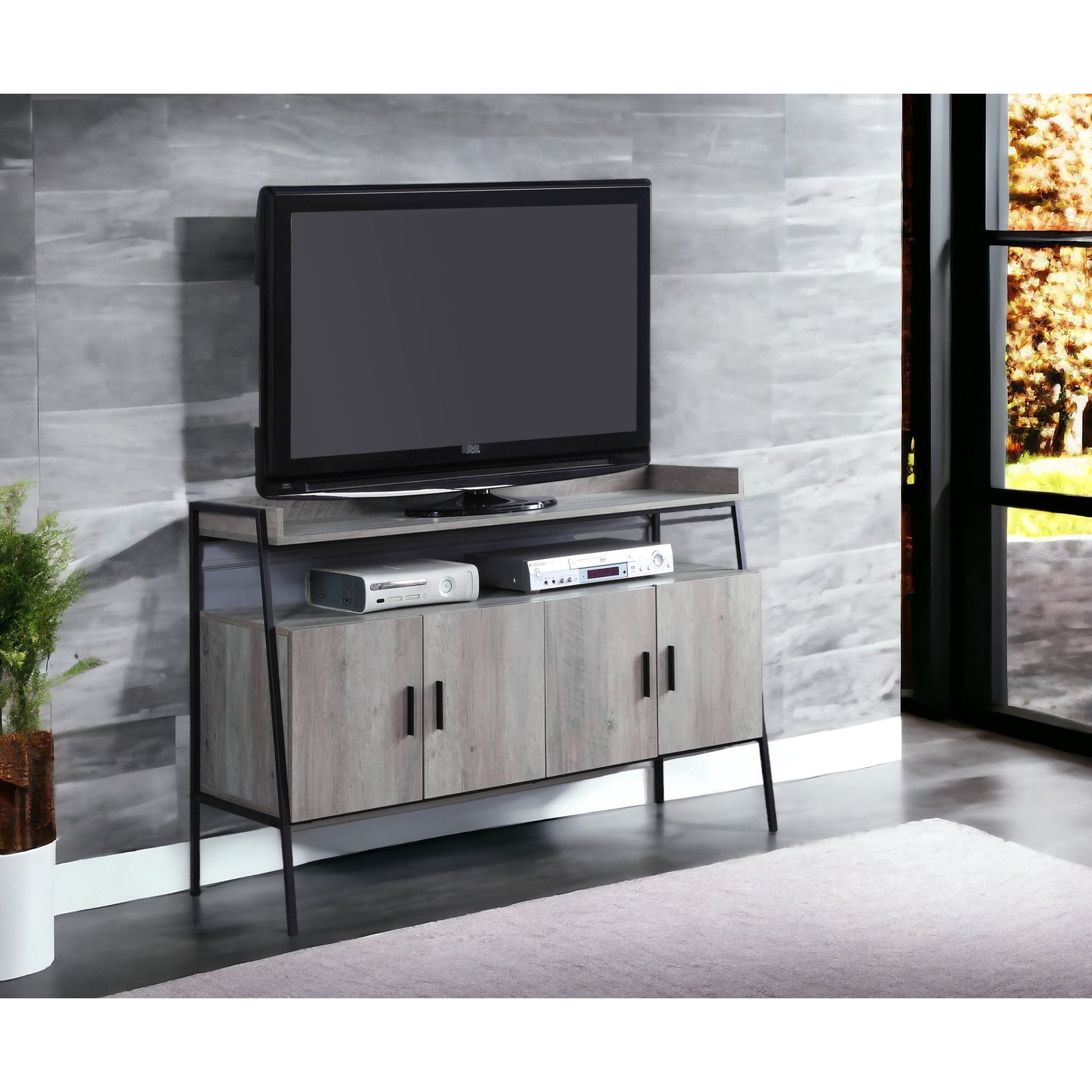Gray TV stand with sleek design and 4 - door storage for 40 - 49 inch ...