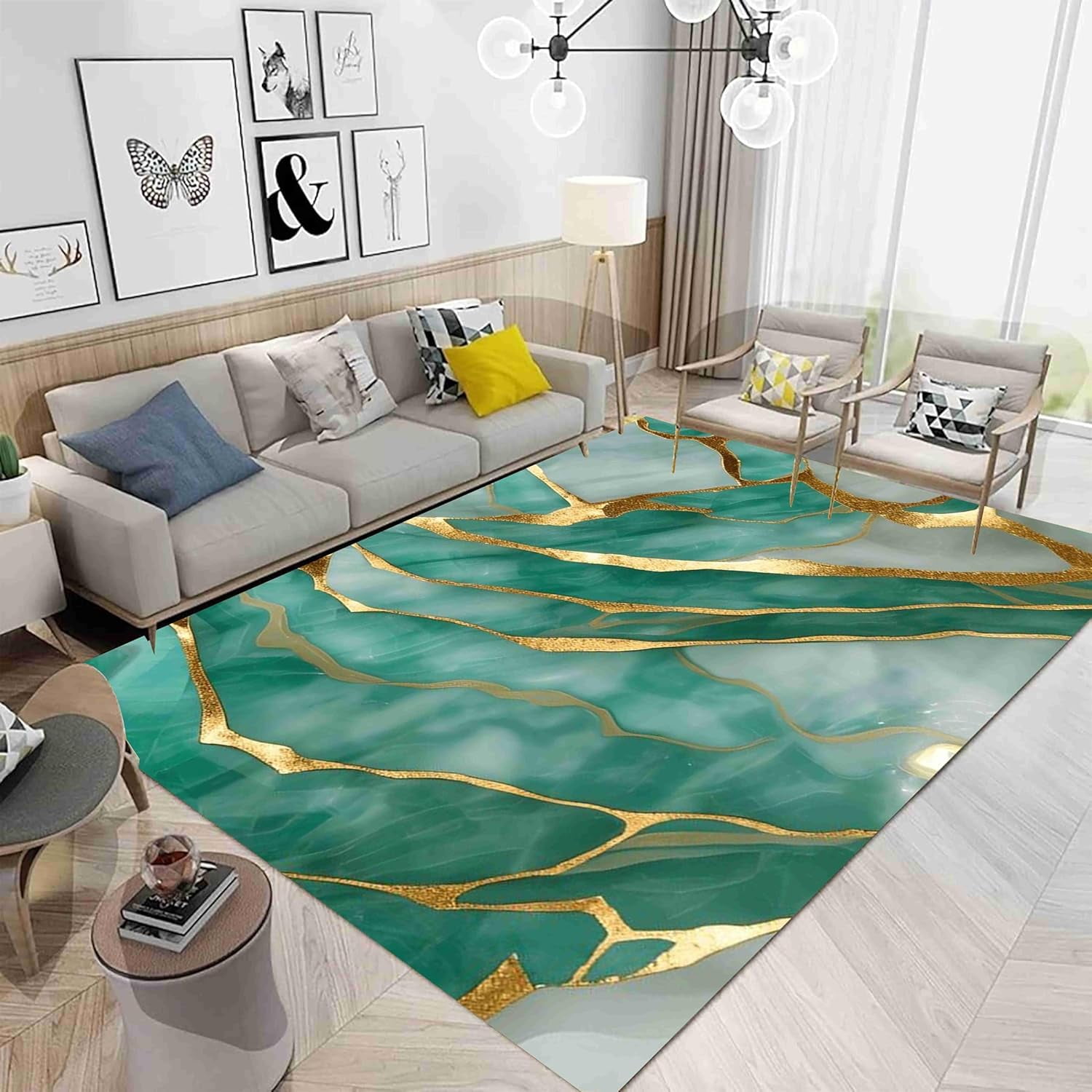 Gray Teal Marble Area Rug, Modern Light Luxury Gold Abstract Stripe ...