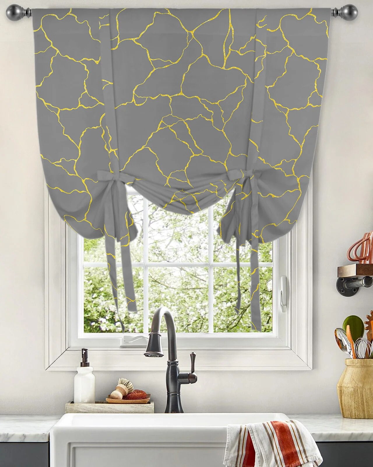 Gray Texture Golden Geometric Lines Curtains for Living Room Bedroom ...