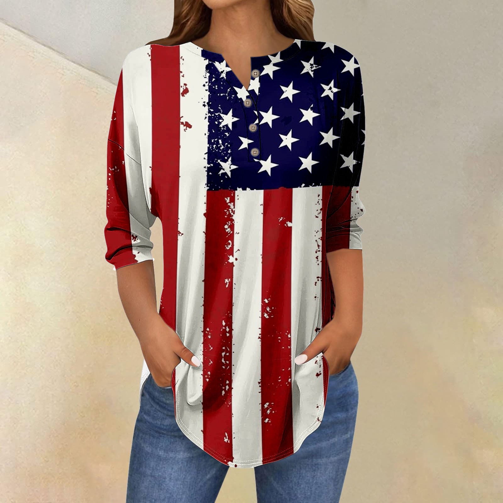 Gray Tshirts for Womens 4Th Of July Tops 3/4 Length Sleeve July 4Th ...