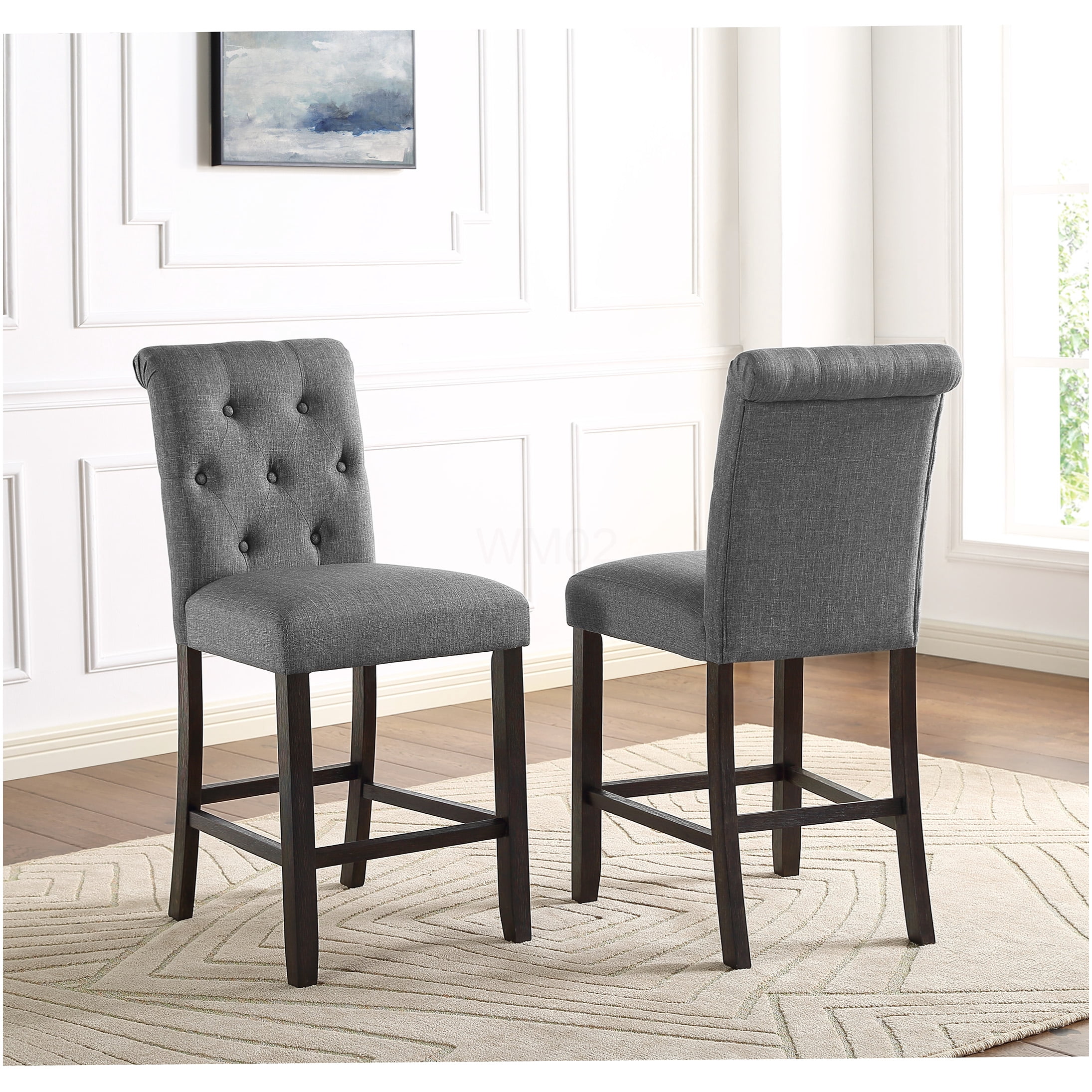 Gray Tufted Counter Stools Set of 2 with Padded Seats and Espresso Wood ...