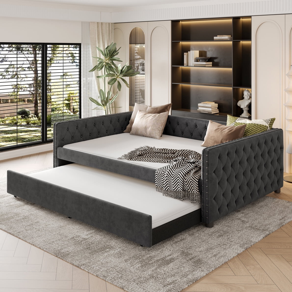 Gray Tufted Sofa Bed Frame with Dual Casters, Convertible Full Size ...