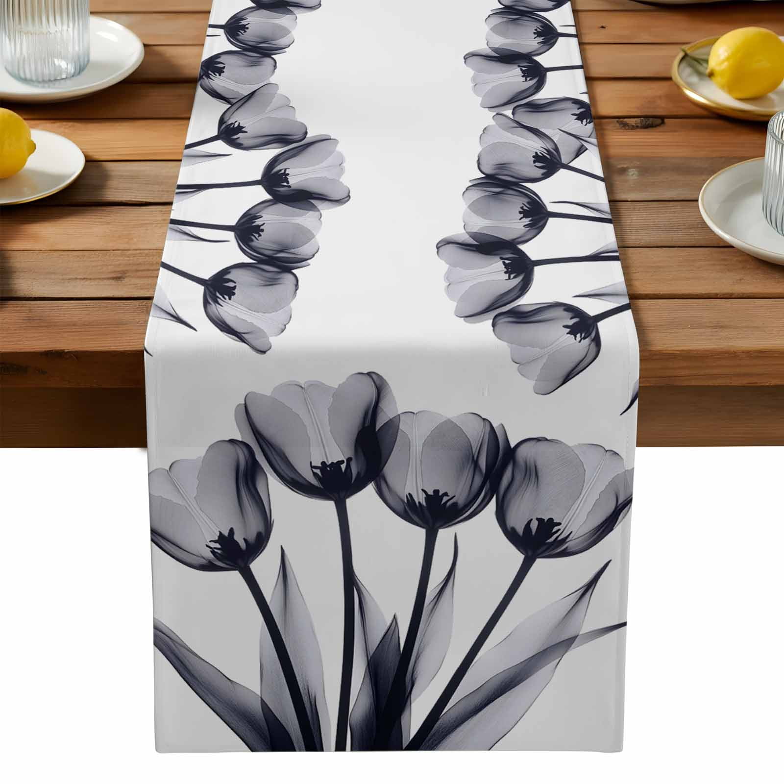 Gray Tulip Floral Table Runner, Watercolor Flowers Cotton Linen ...