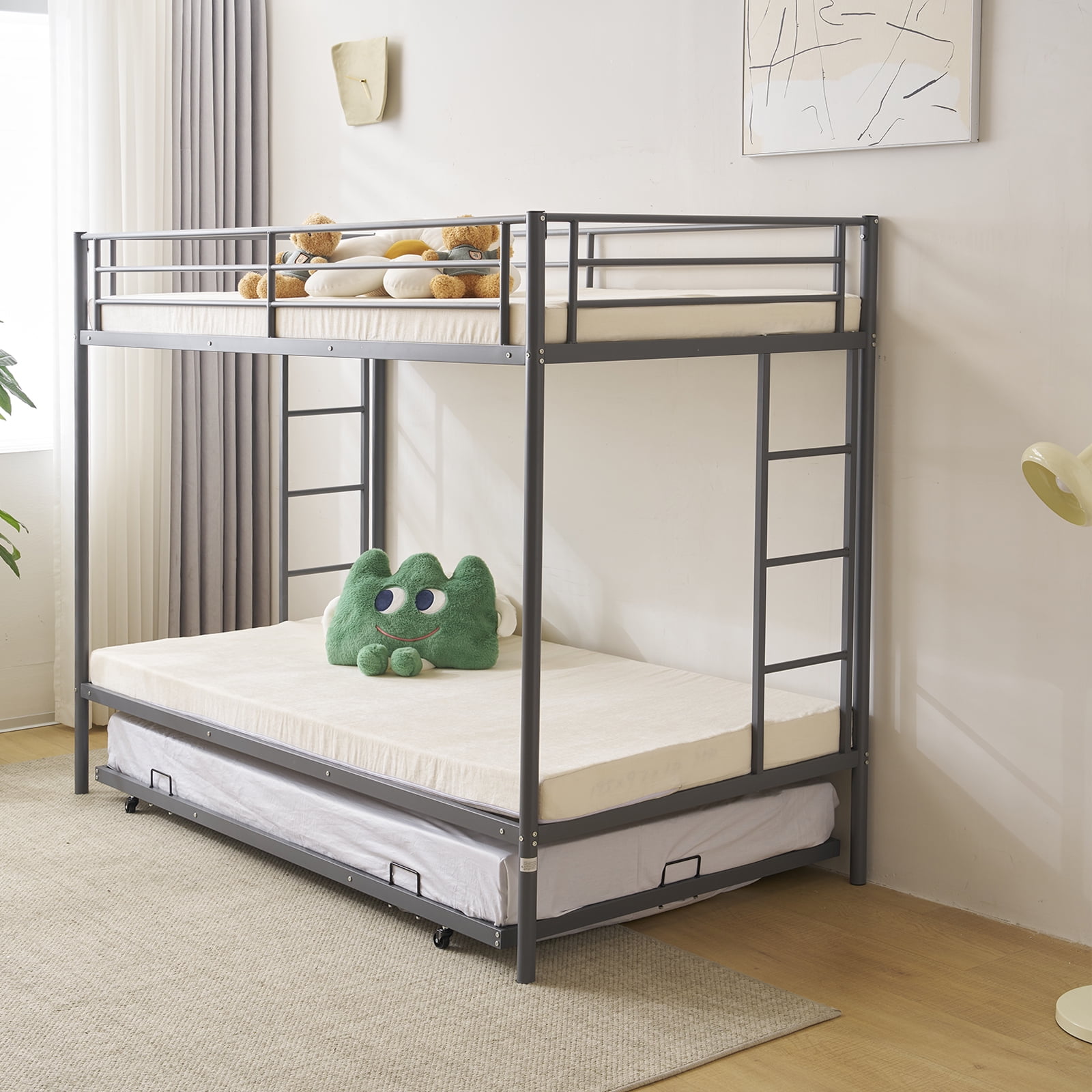 Gray Twin Bunk Bed, Sturdy Metal Frame, Space-Saving Design, Teens, or ...