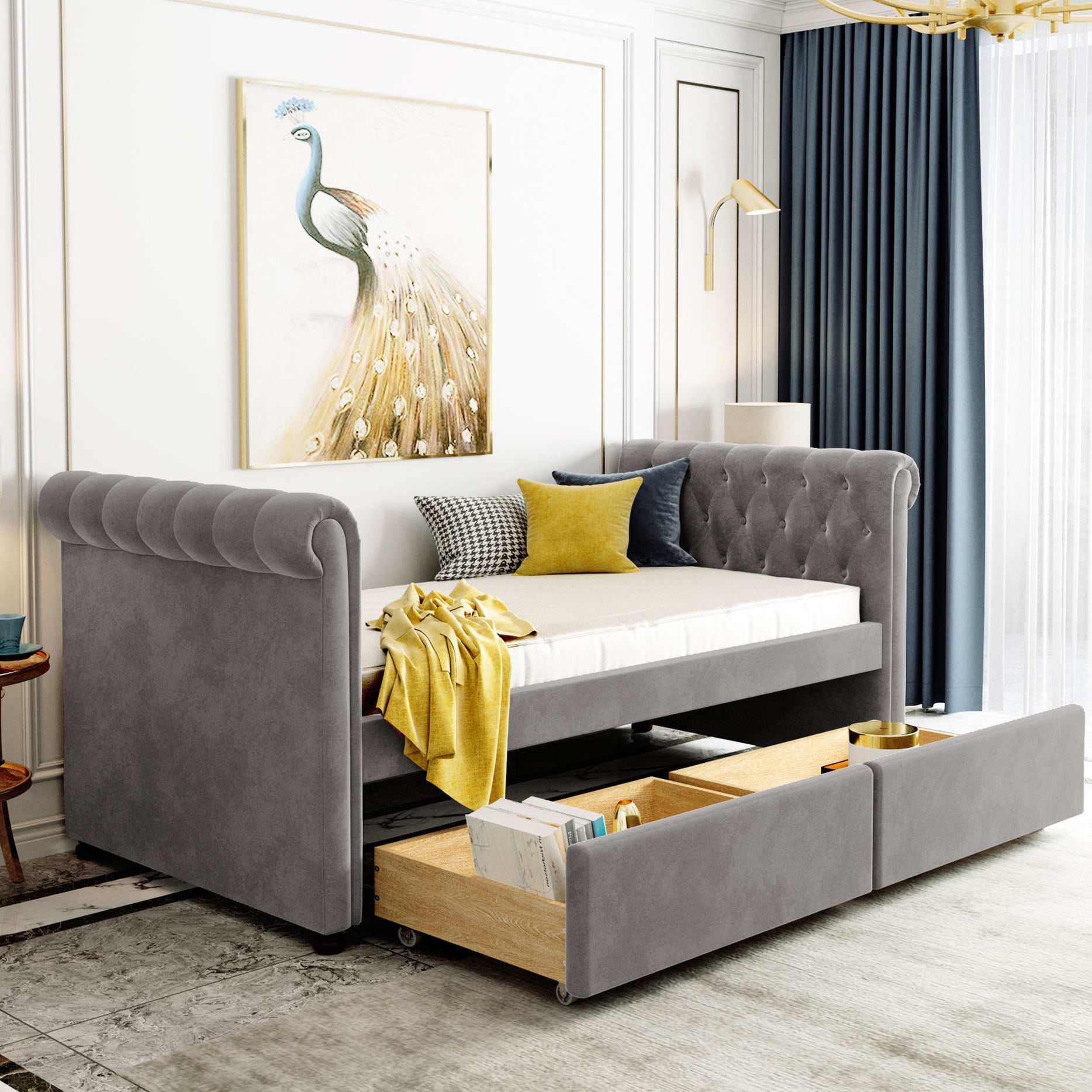 Gray Twin Daybed With Functional Storage Choices And Strong Wood Slat ...