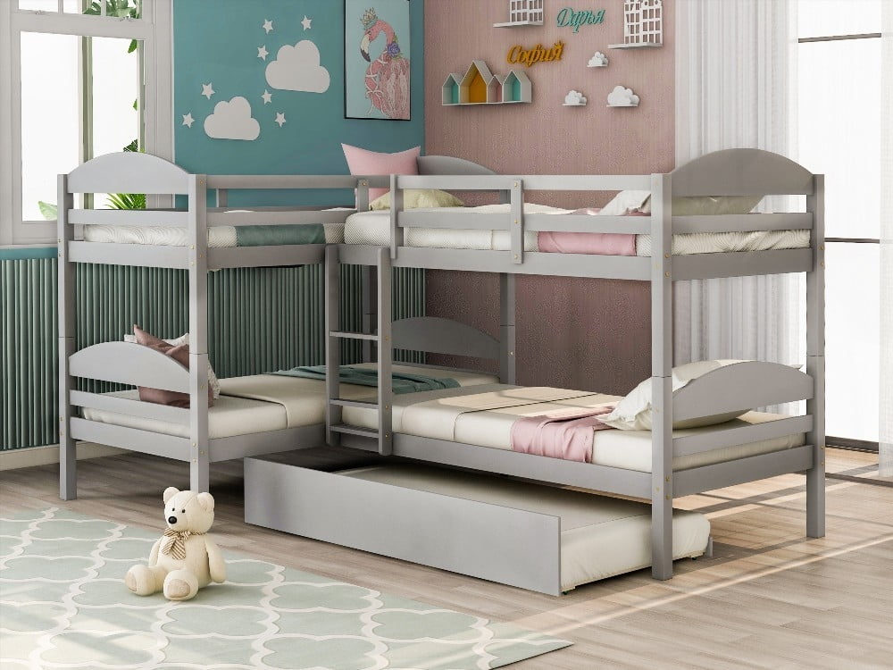 Gray Twin L-Shaped Bunk bed with trundle, space-saving & versatile ...