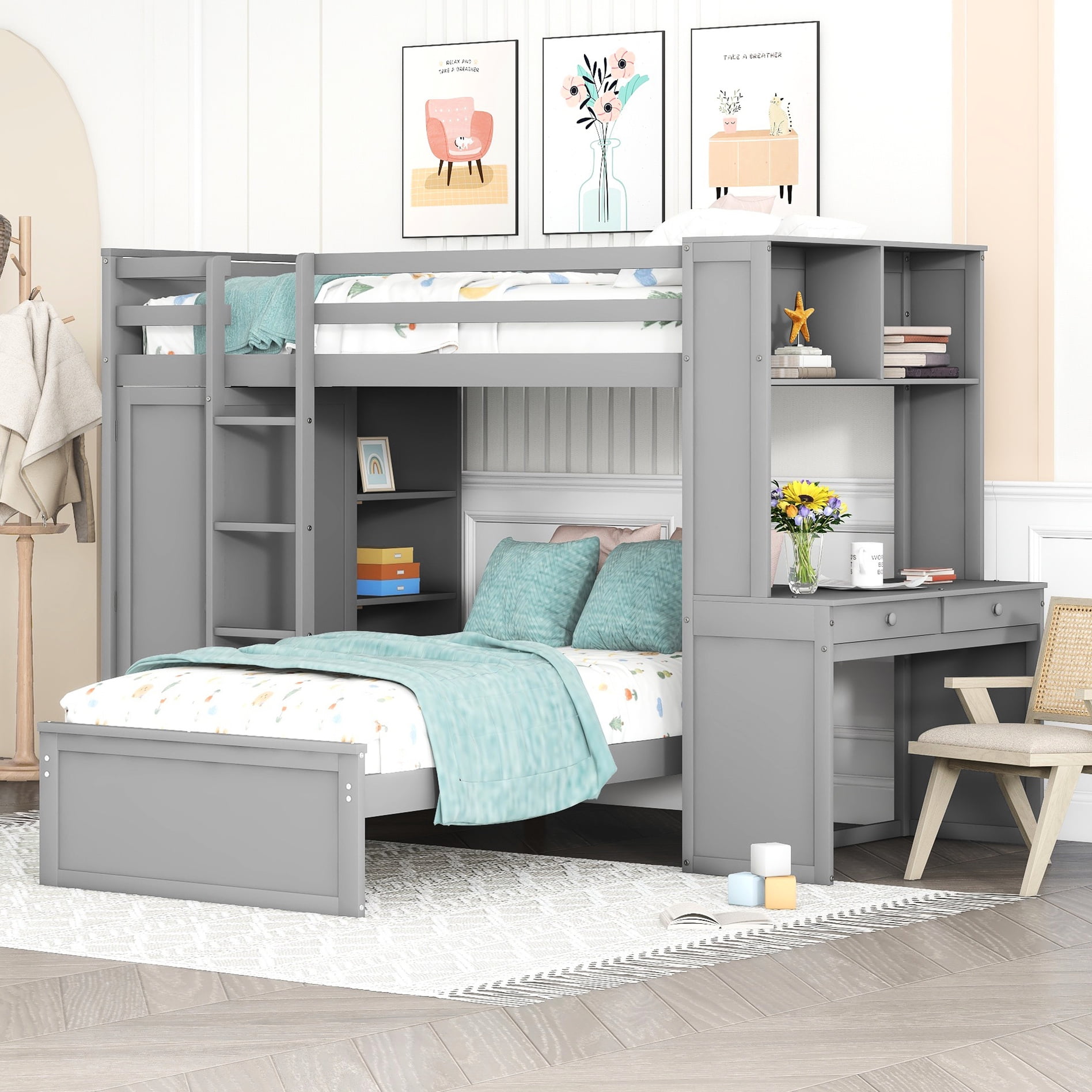 Gray Twin Loft Bed With Extra Storage. Solid Wood Construction For Quality. Provides Work And ...