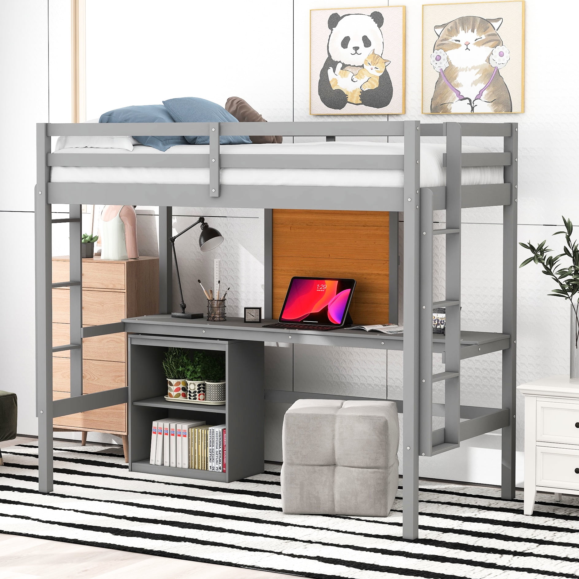 Gray Twin Loft Bed With Cabinet And Desk - Enhances Bedroom Organization Style & Versatile ...