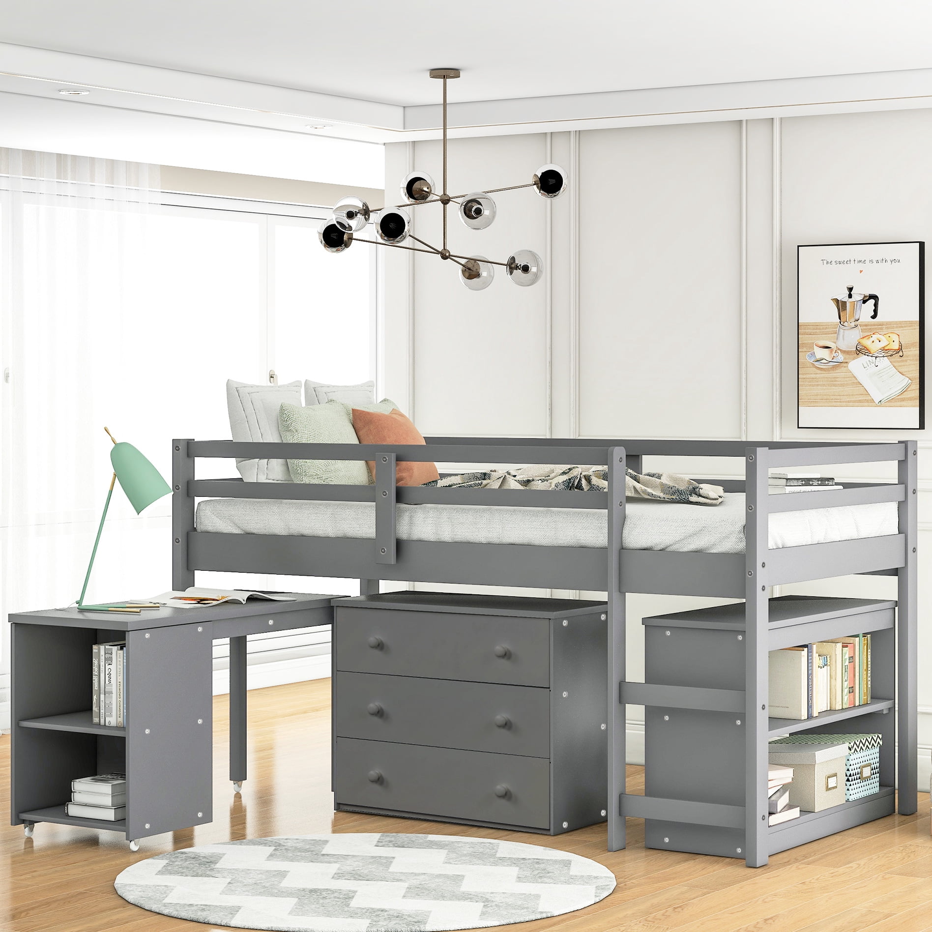 Gray Twin Loft Bed With Functional Desk And Rolling Cabinet Office For ...