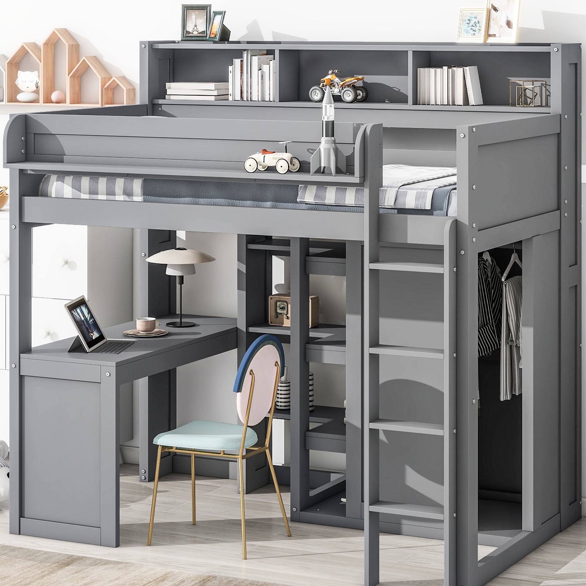 Gray Twin Loft Bed With Tough Wood Frame And Plentiful Storage Size Bed ...