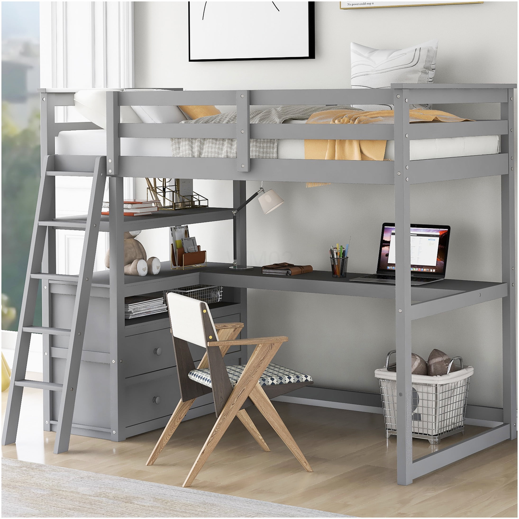 Gray Twin Loft Bed with Desk, Shelves & 2 Drawers, Space-Saver Study ...