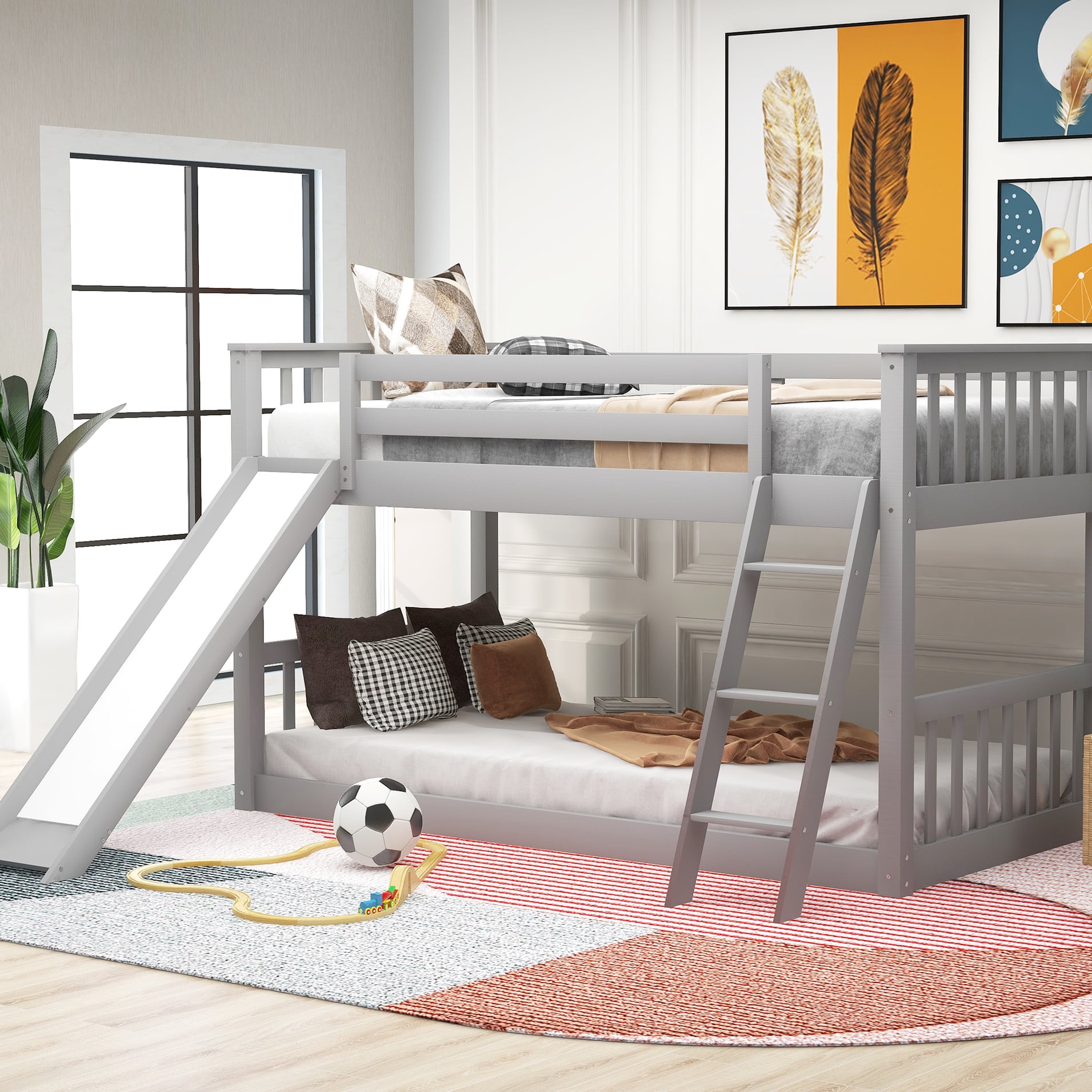Gray Twin Over Bunk Bed With Removable Slide And - Easy Maintenance ...