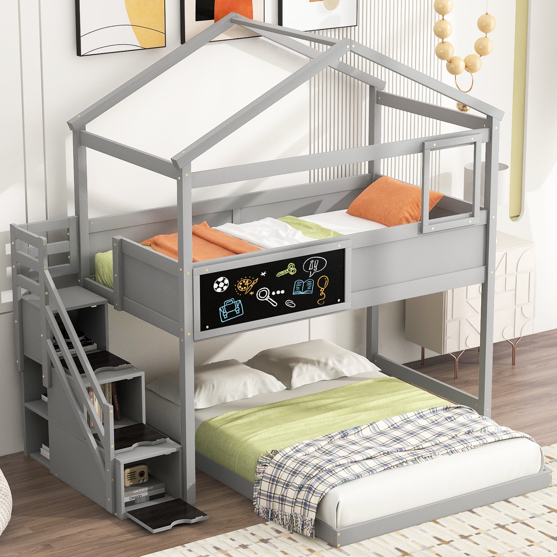 Gray Twin Over Full Bunk Bed With Efficient Storage System And ...
