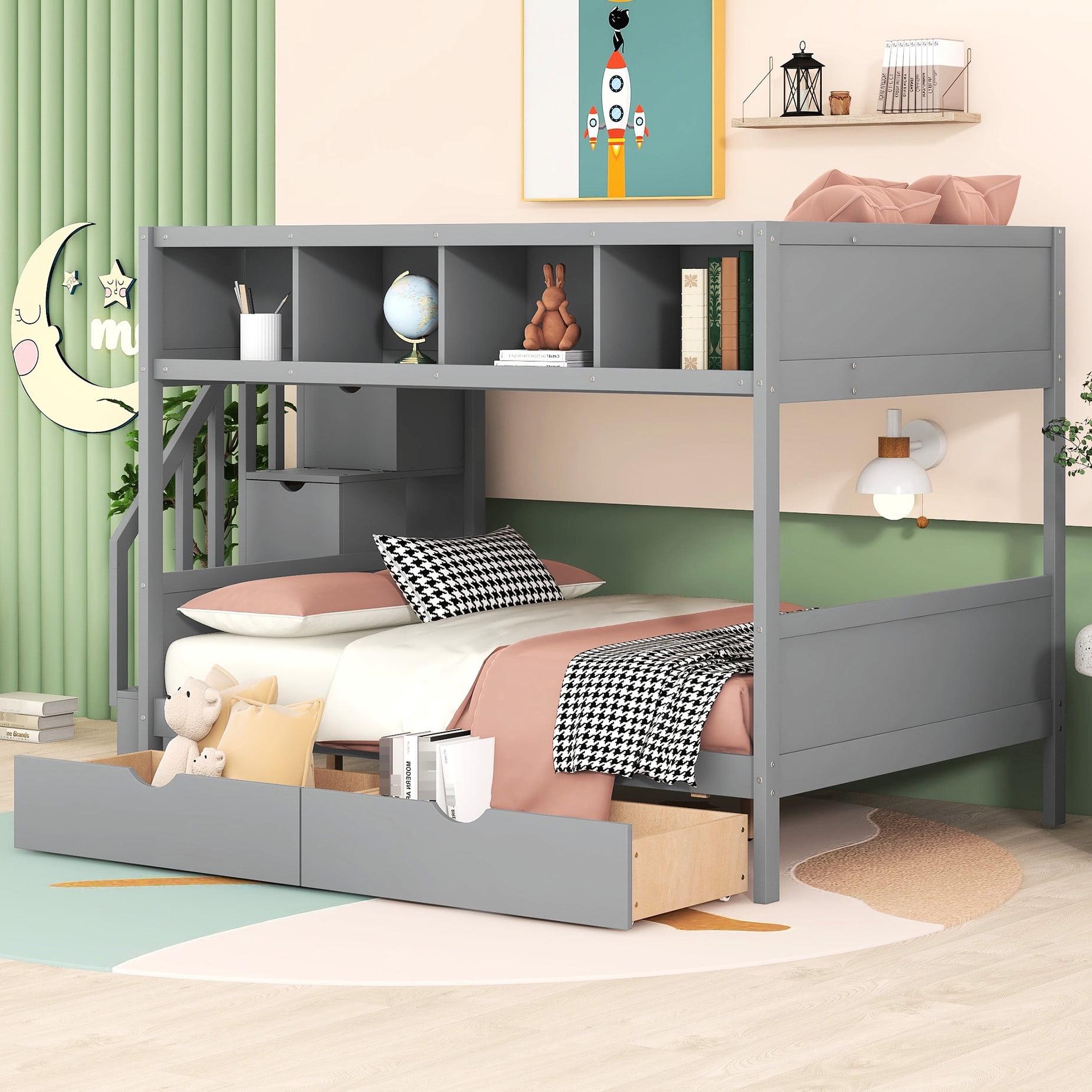 Gray Twin Over Full Bunk Bed With Shelves, 2 Drawers And Storage ...
