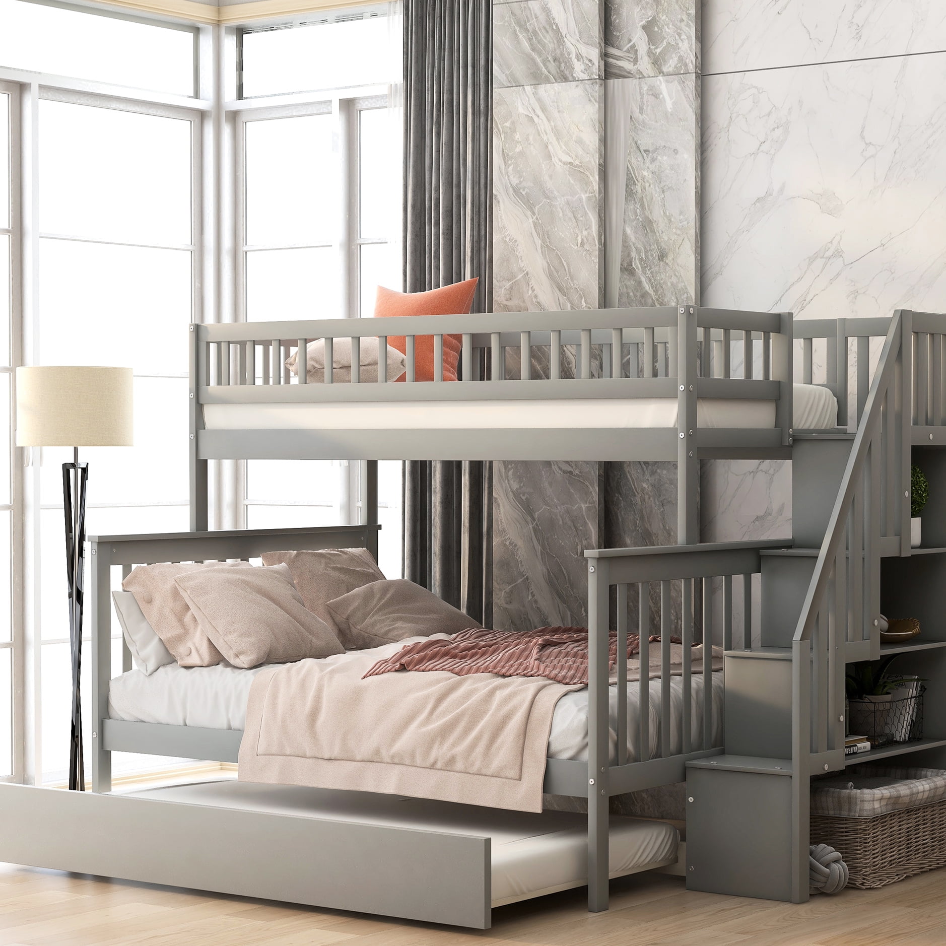 Gray Twin Over Full Bunk Bed With Staircase & Trundle - Elegant Bed ...