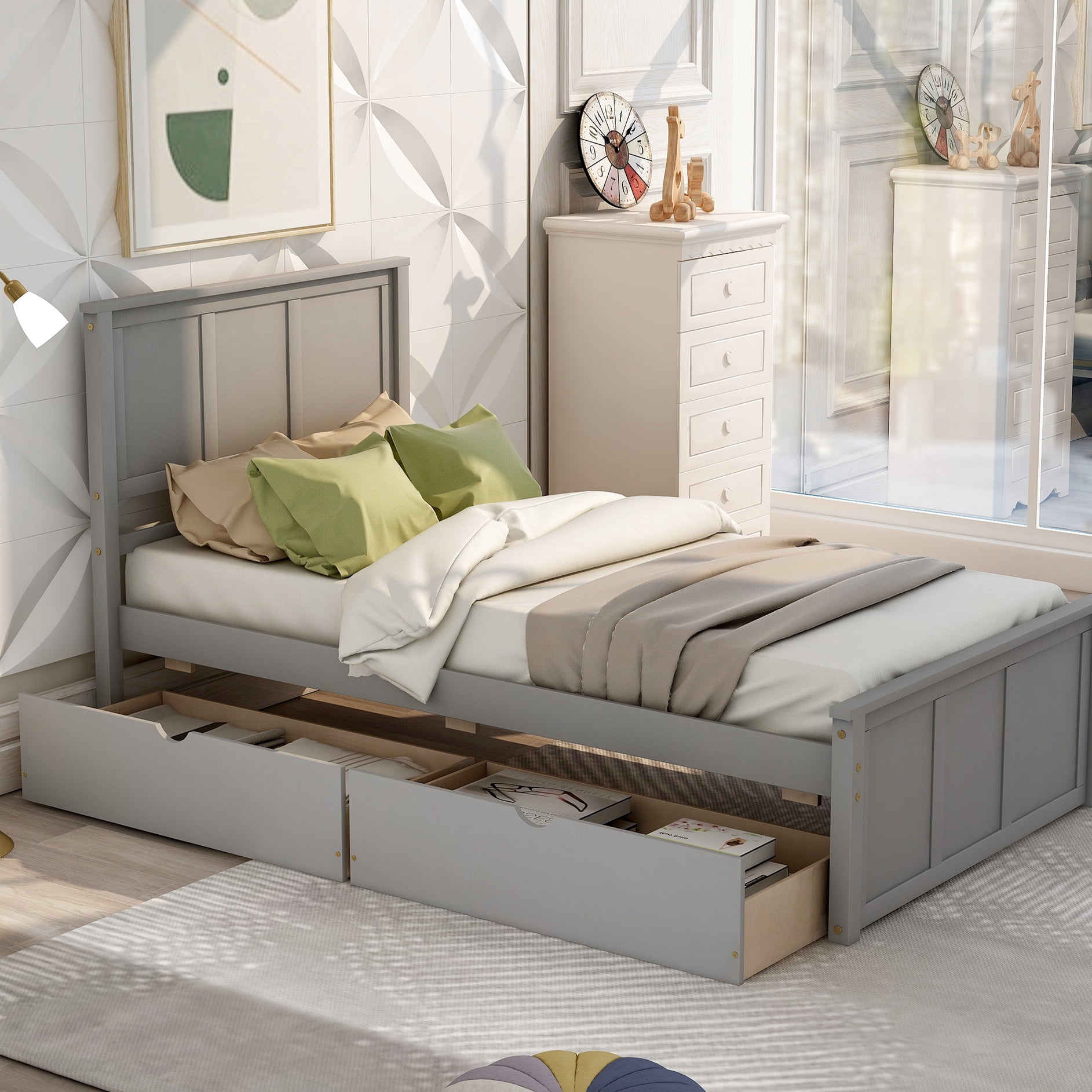 Gray Twin Platform Bed With 2 Under Drawers On Wheels, Solid Wood And ...
