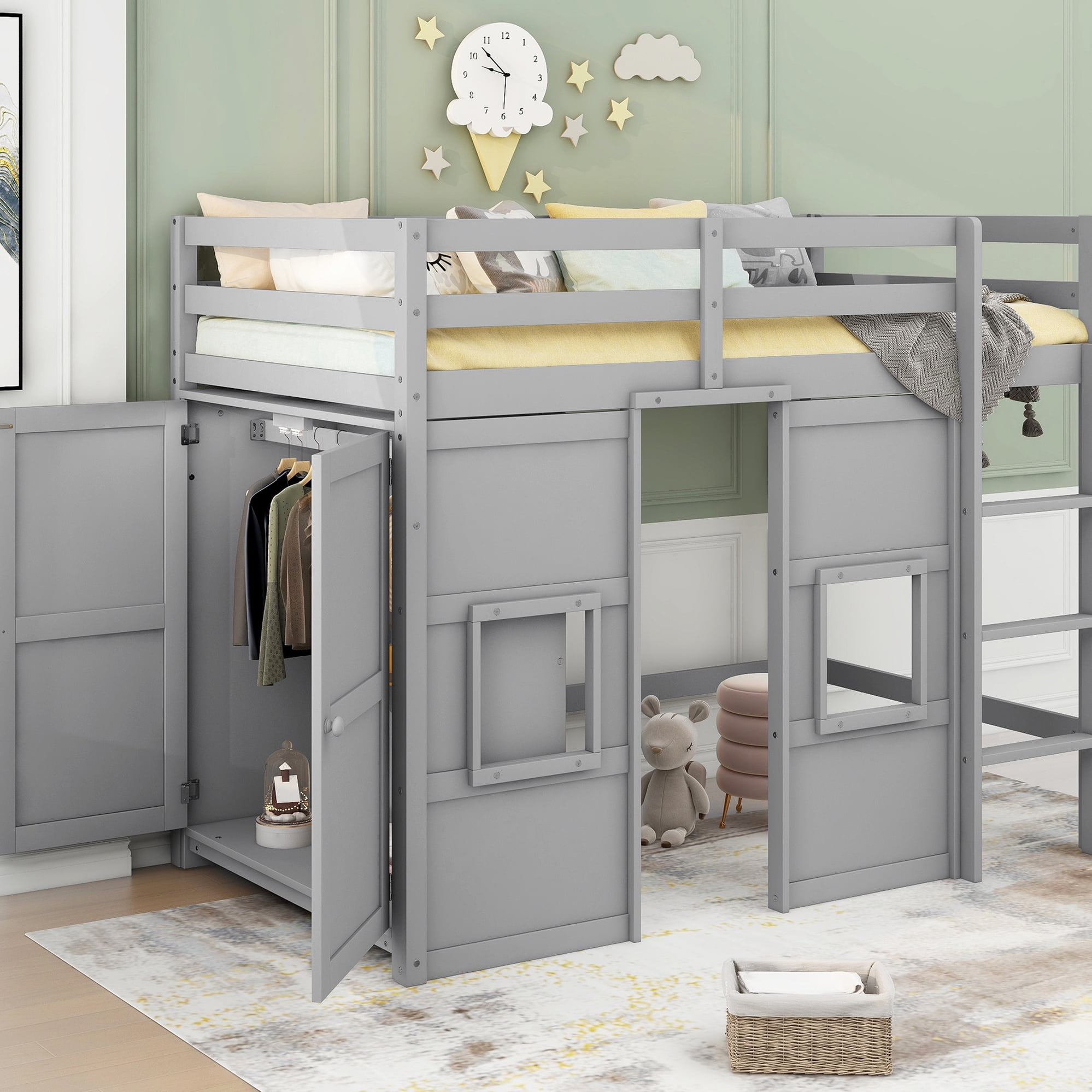 Gray Twin Size Loft Bed With Wardrobe And Windows - Wood Framework For ...