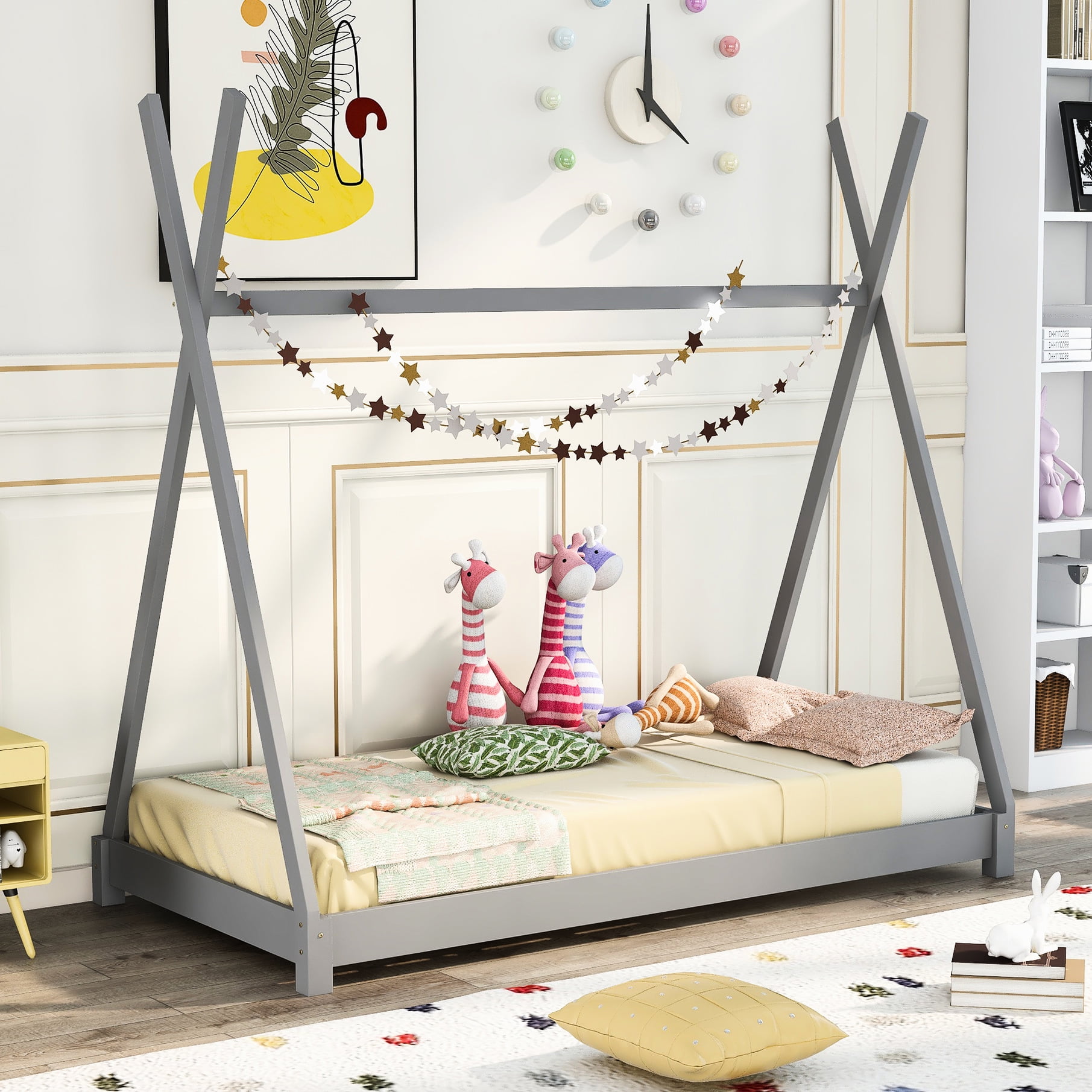 Gray Twin Size Triangle Structure Platform Bed - Made Of Resilient Pine ...