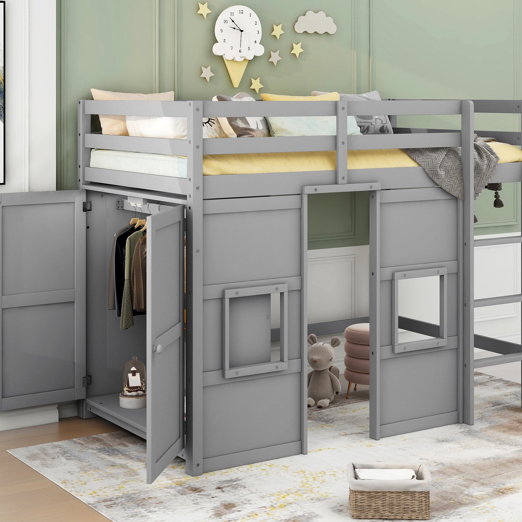 Gray Twin Wood Loft Bed with Wardrobe and Window Design | Sturdy ...