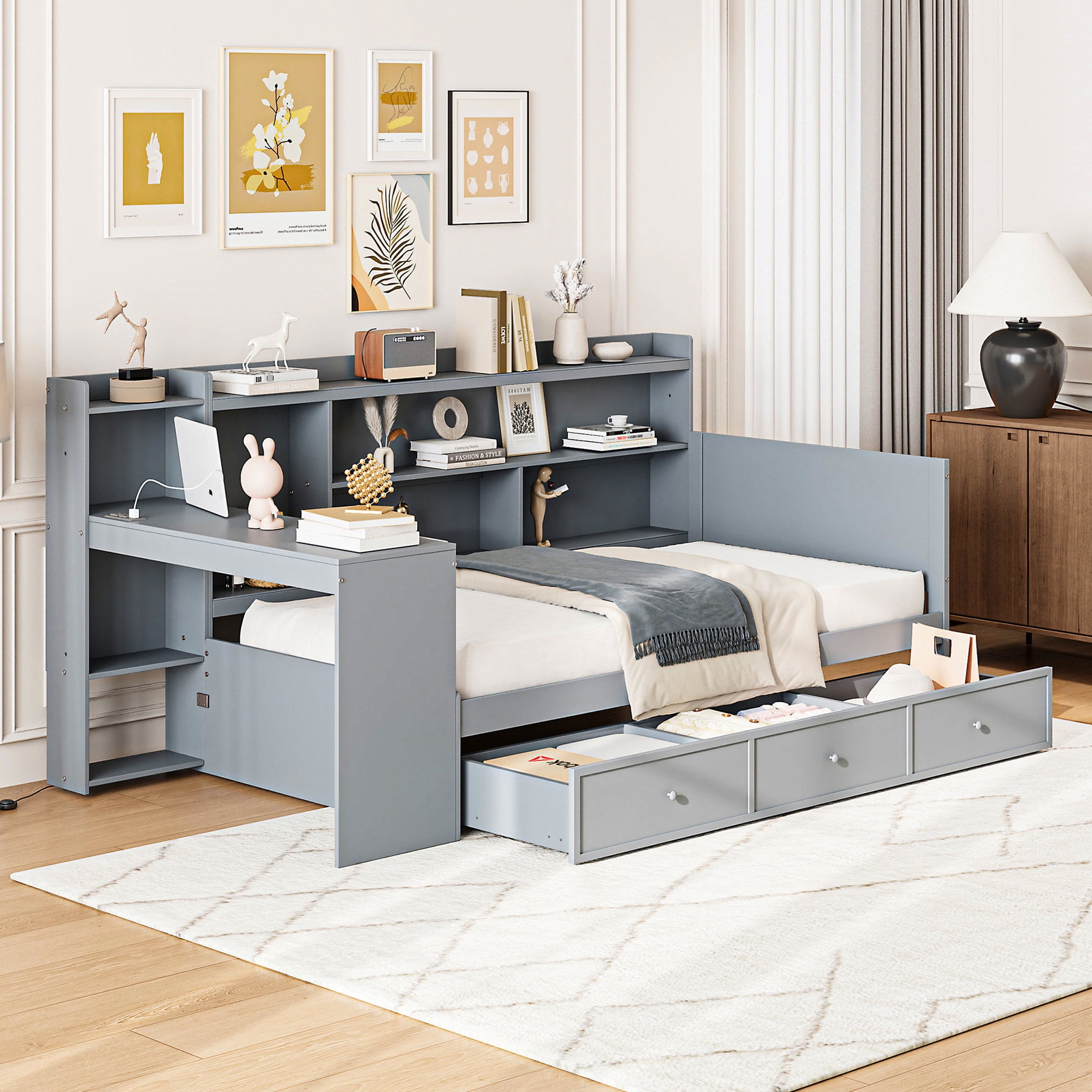 Gray Twin Wooden Daybed | Storage Drawers and Top Surface | Desk with ...