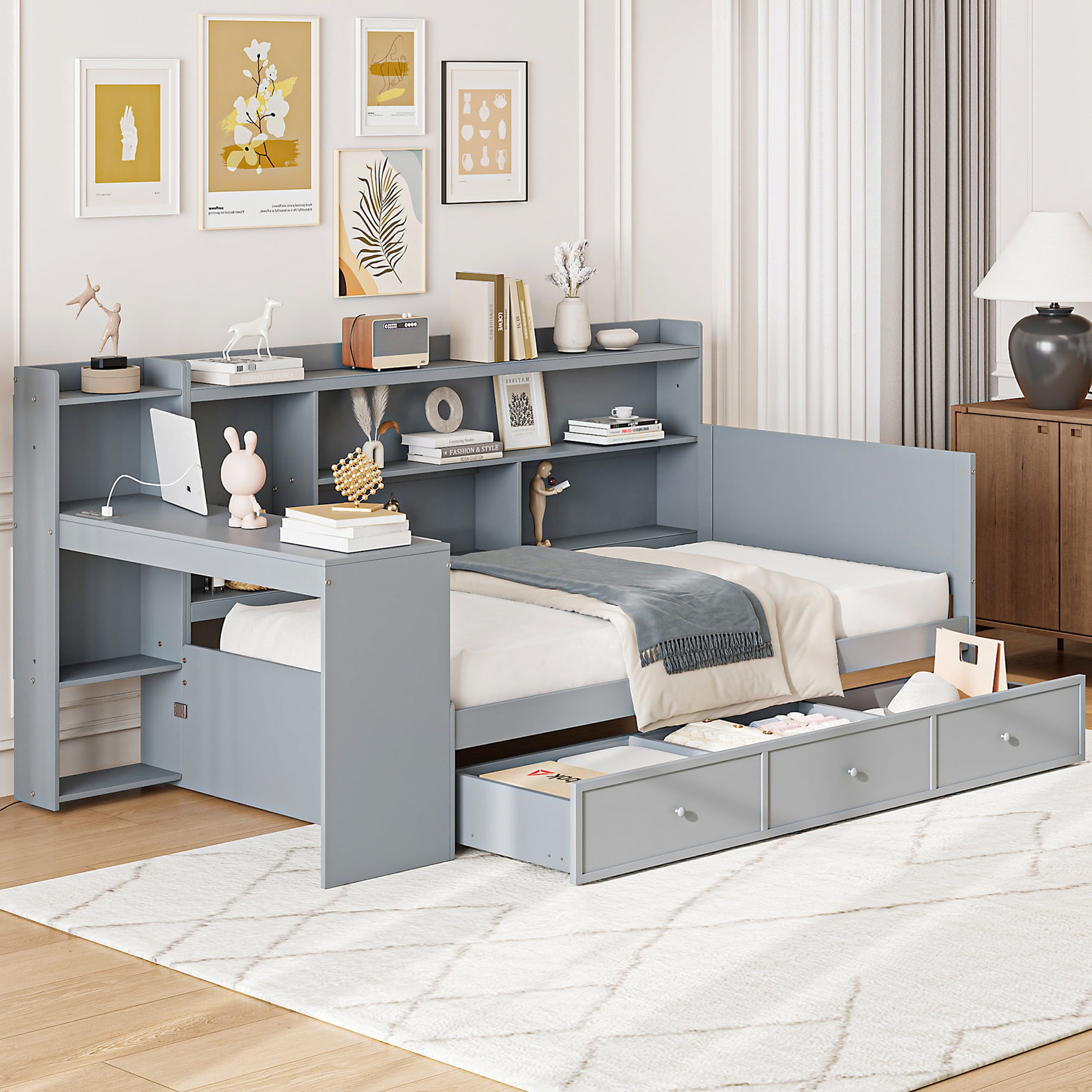 Gray Twin Wooden Daybed With 3 Drawer Slots, Desk Port - Solid Pine ...
