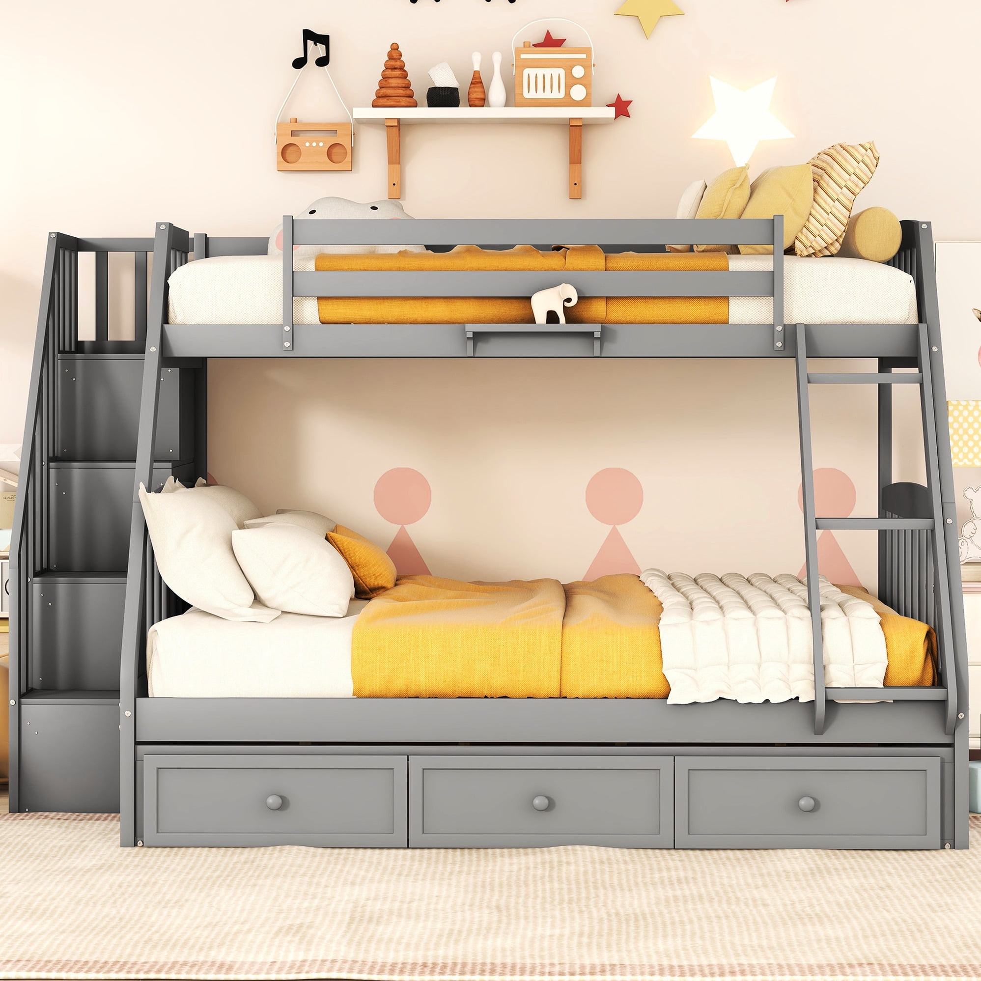 Gray Twin-over-full Bunk Bed With Drawers & Storage Space. Solid Wood ...