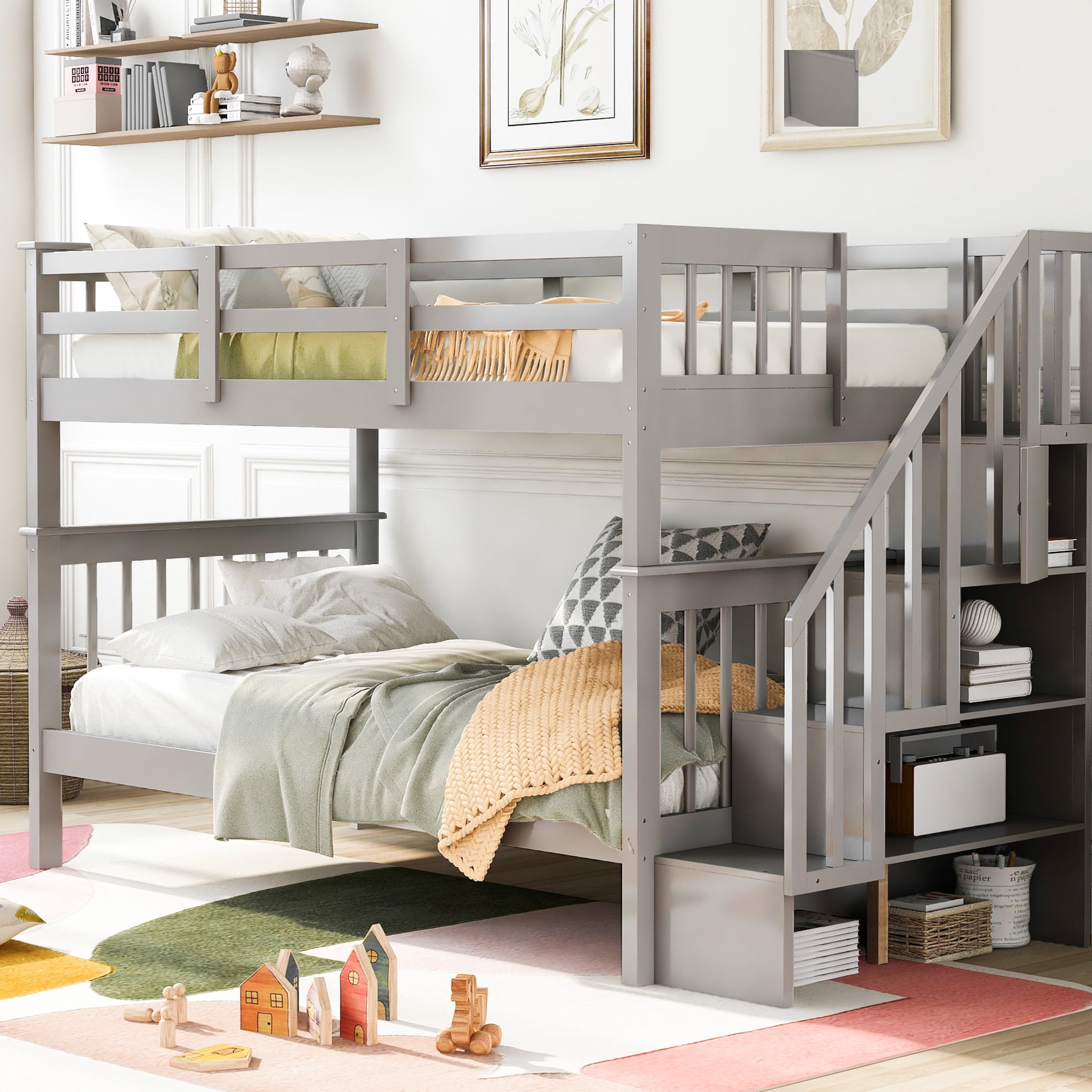 Gray Twintwin Bunk Bed With Practical Storage Solutions For Bedroom And ...