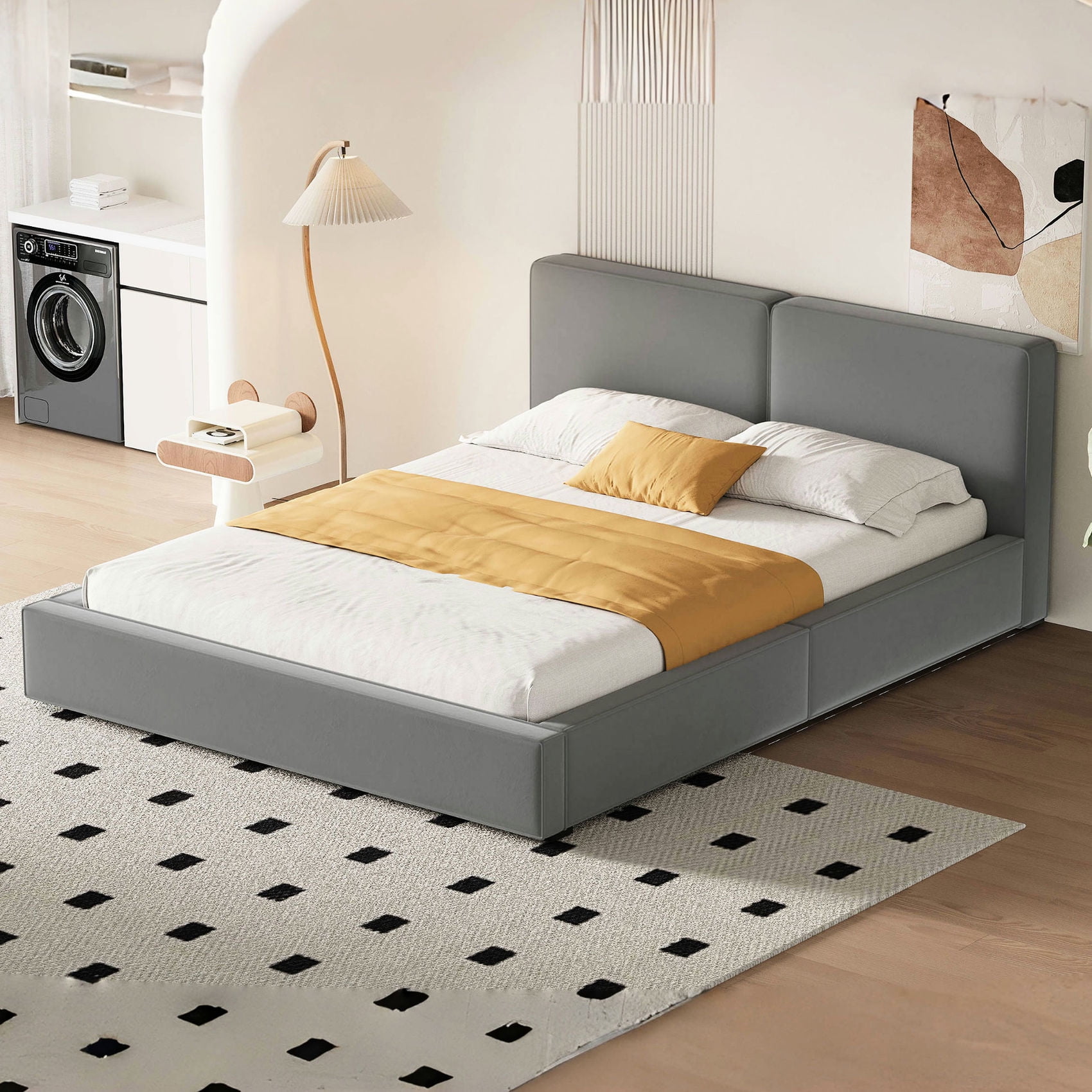 Gray Upholstered Queen Platform Bed | Add Style to Bedroom, Comfortable ...