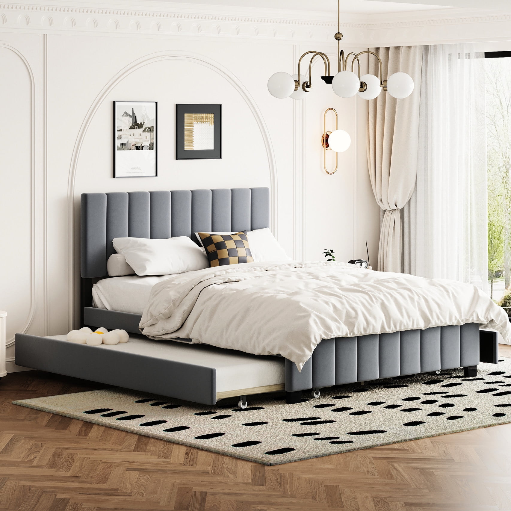 Gray Upholstered Queen Size Platform Bed with Storage Drawers and ...
