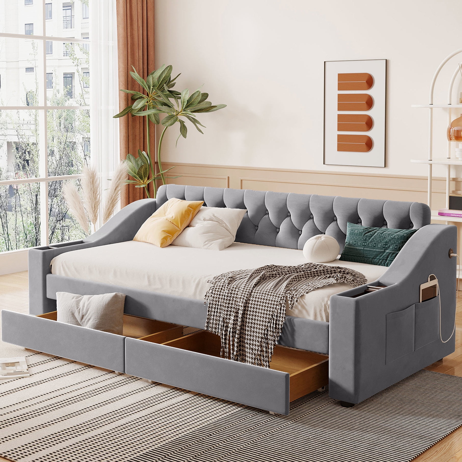 Gray Upholstered Twin Daybed With Armrest Storage & - Modern Bedroom ...