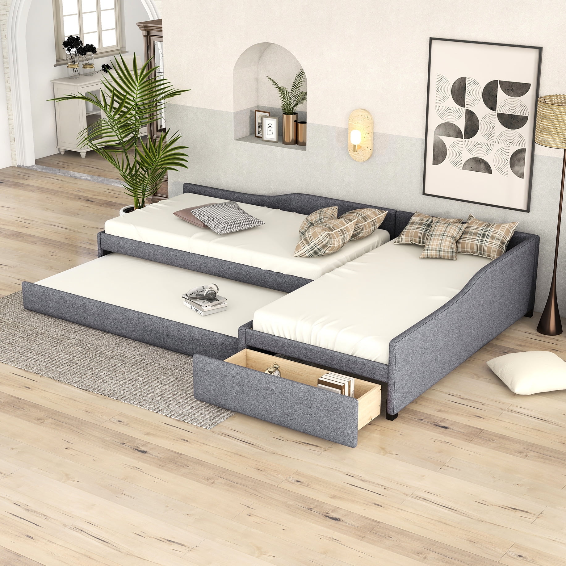 Gray Upholstered Twin Daybed With Trundle & Drawer - Plywood Base ...