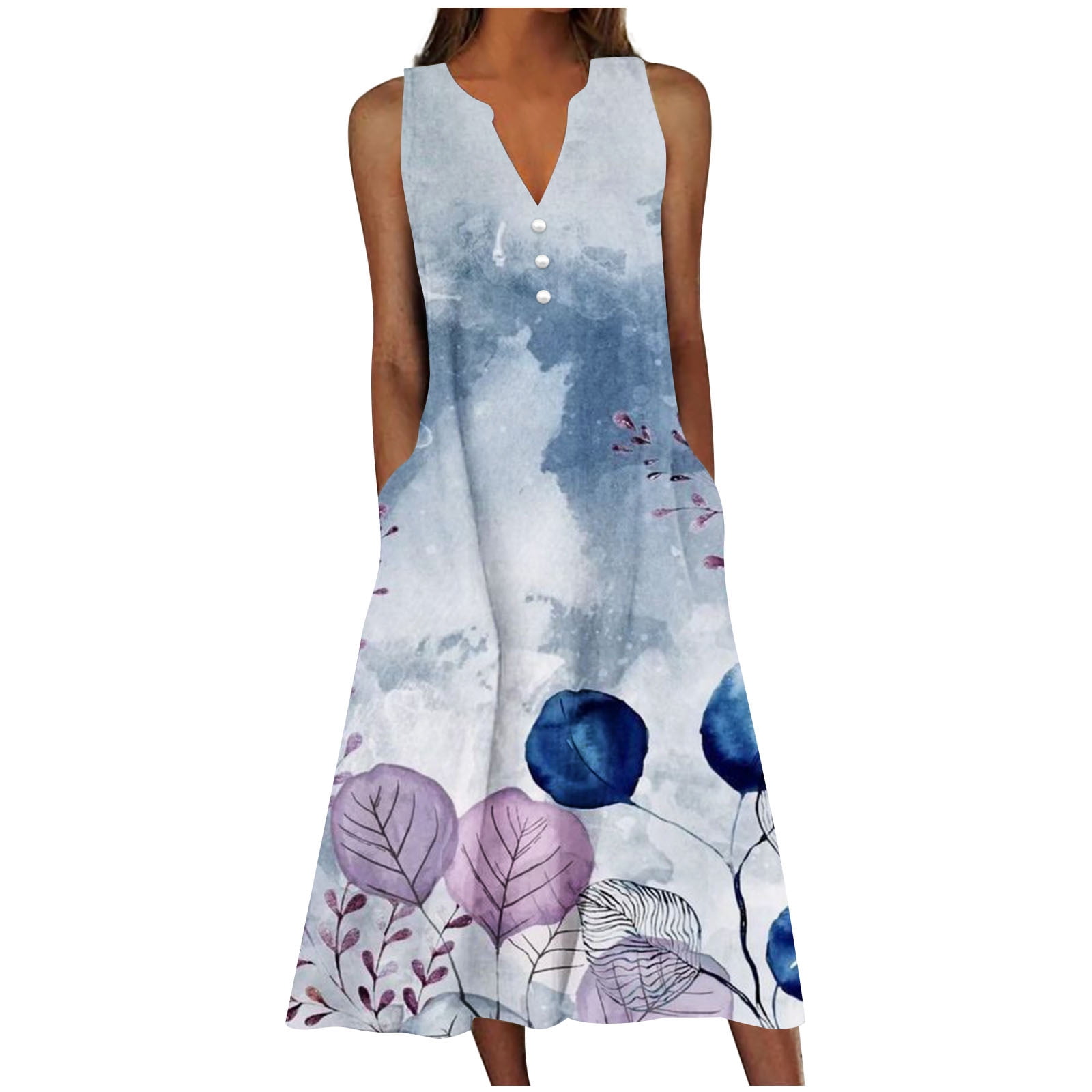 Gray Floral Graphic Loose Fit Sundress for Women Fall Summer Sleeveless ...